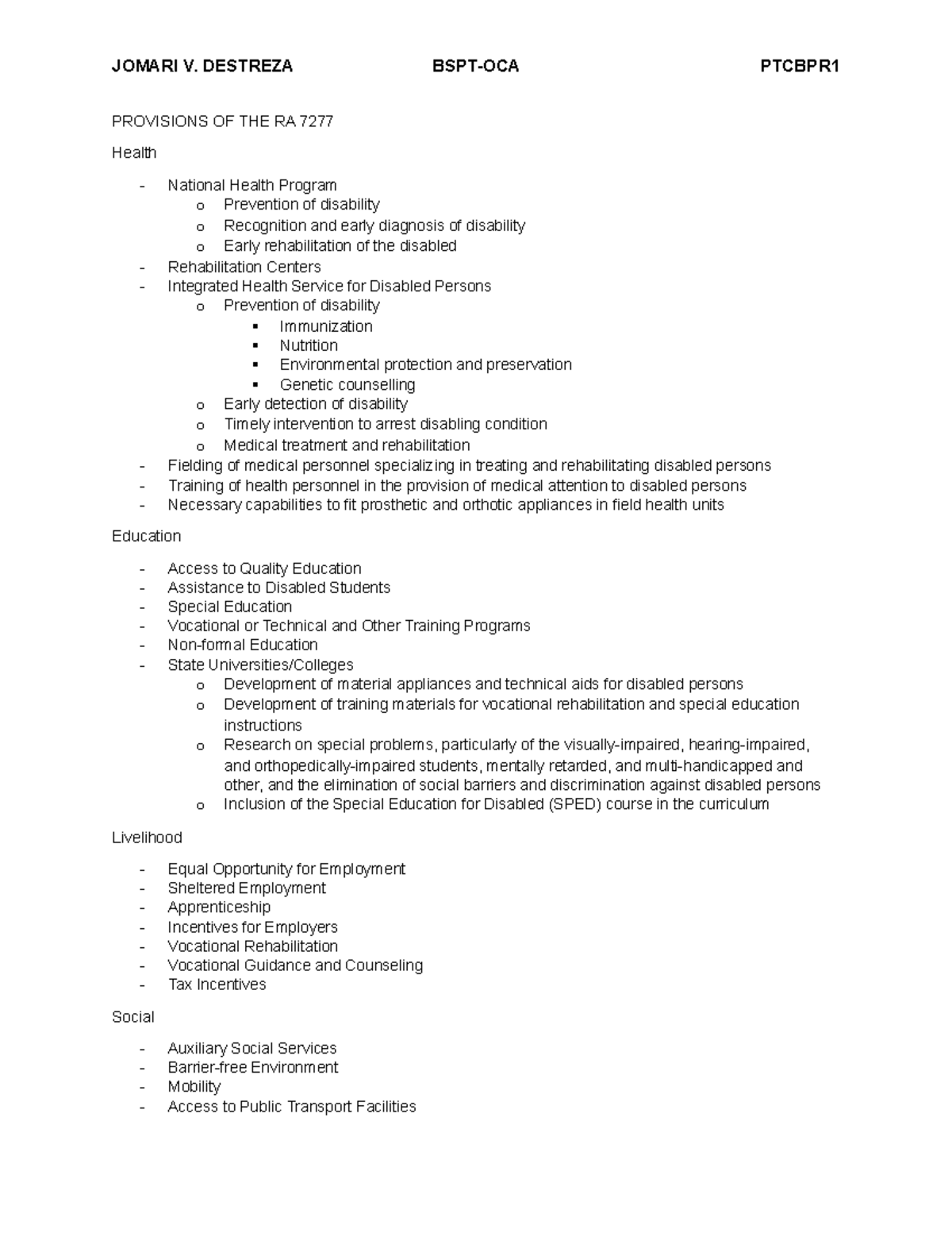 Provisions OF THE RA 7277 - JOMARI V. DESTREZABSPT-OCAPTCBPR PROVISIONS ...