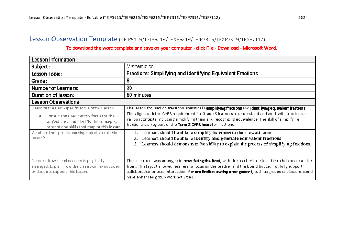 Lesson Observation Template (editable) maths - Lesson Observation ...