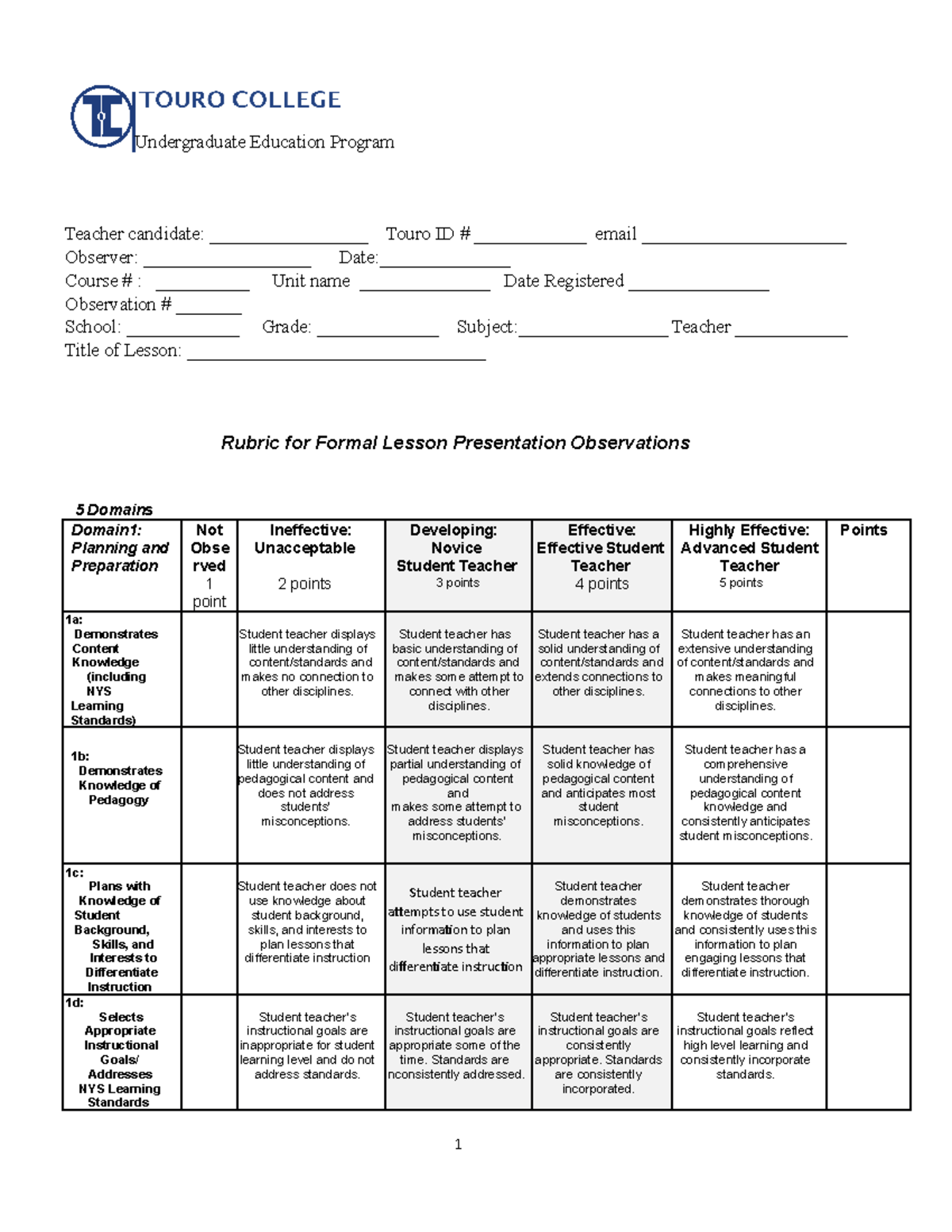 Observation Rubric Detailed June 2020 updated - Undergraduate Education ...