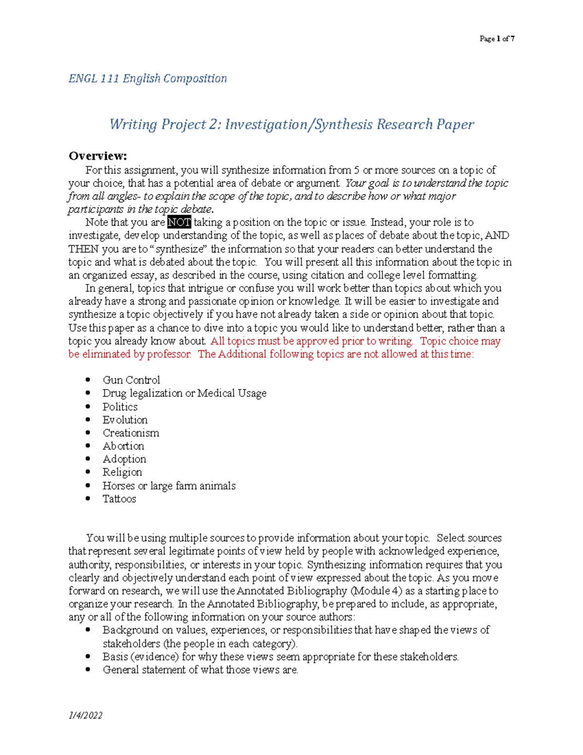 Writing Project 2 Investigation Synthesis Spring 2022 - ENGL 111 ...