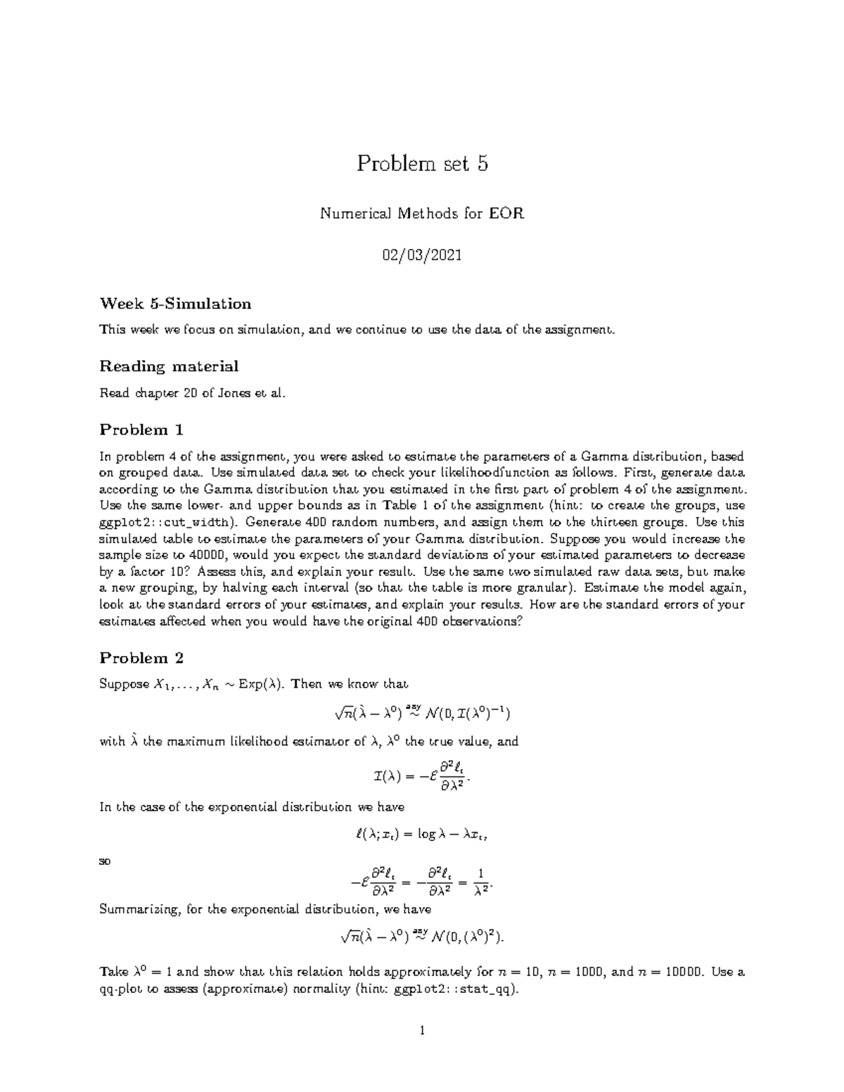 Problem-set-5 - Problem-set-5 - Problem set 5 Numerical Methods for EOR 02/03/ Week 5-Simulation ...