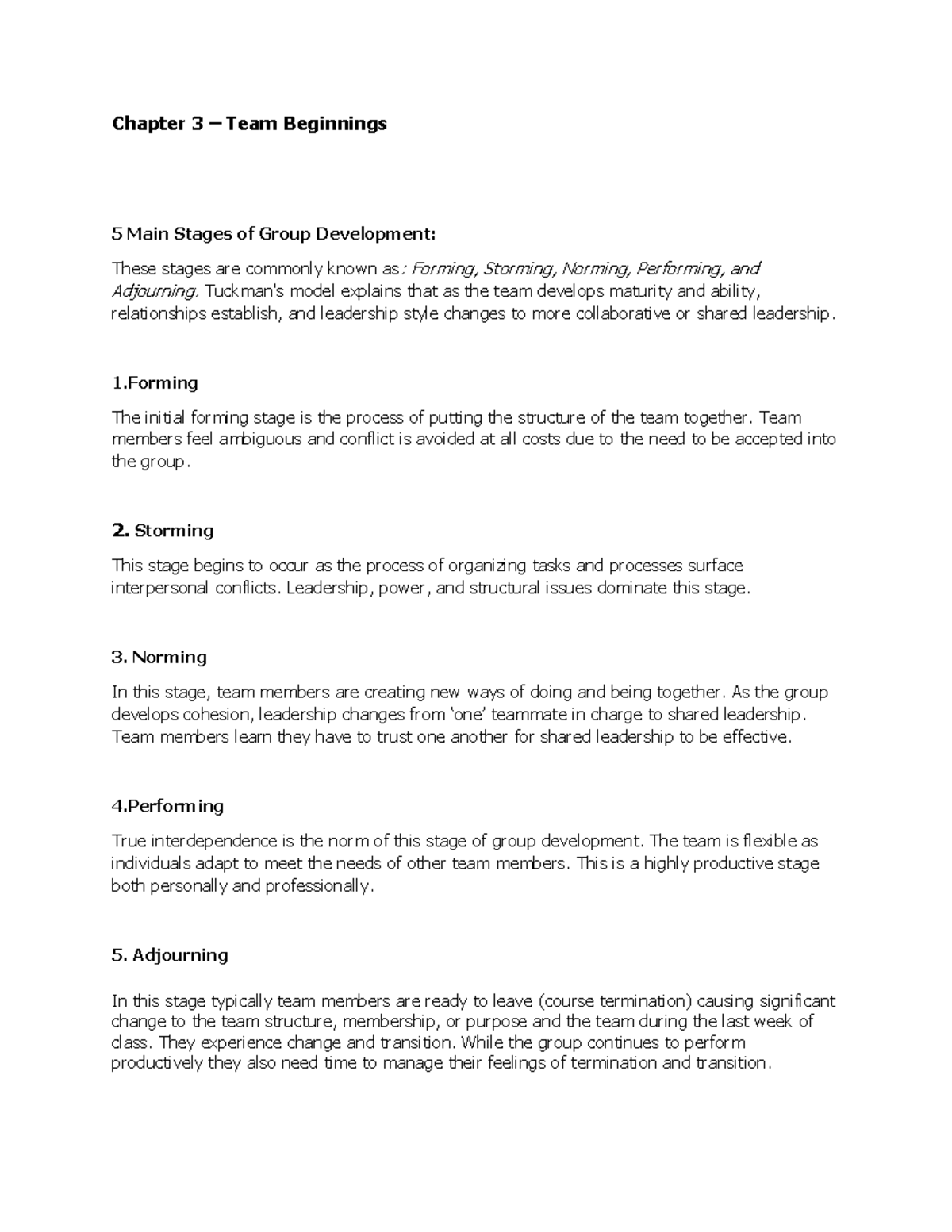 Chapter 3 Team Beginnings - Chapter 3 – Team Beginnings 5 Main Stages ...