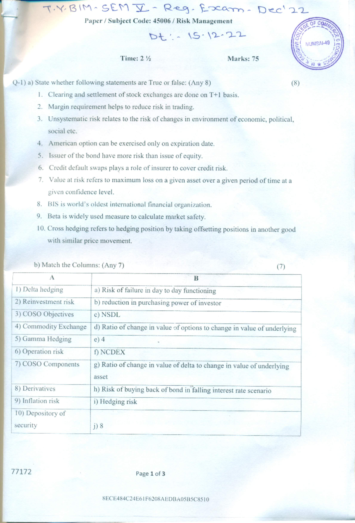 T.Y.BIM Sem V REG Exam Dec 2022 Risk Management - Bachelors in ...