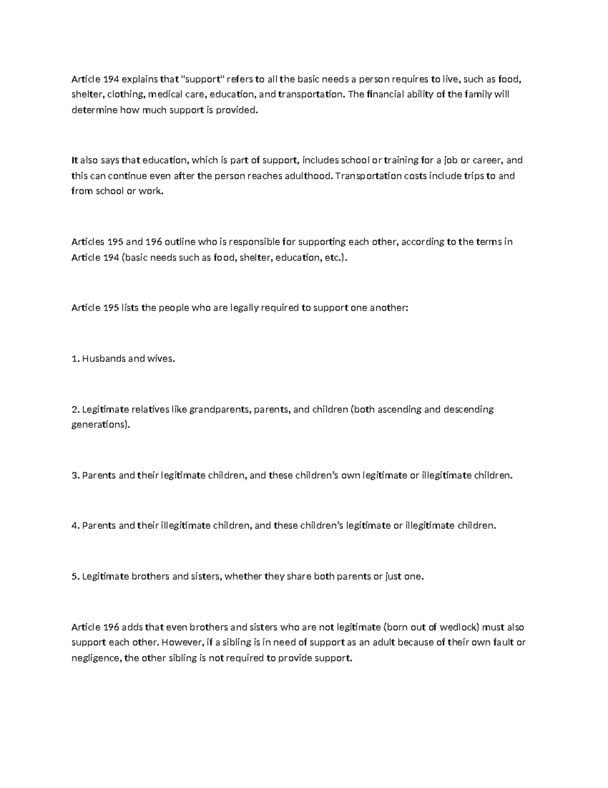Title 8 Support - notes - Article 194 explains that "support" refers to ...