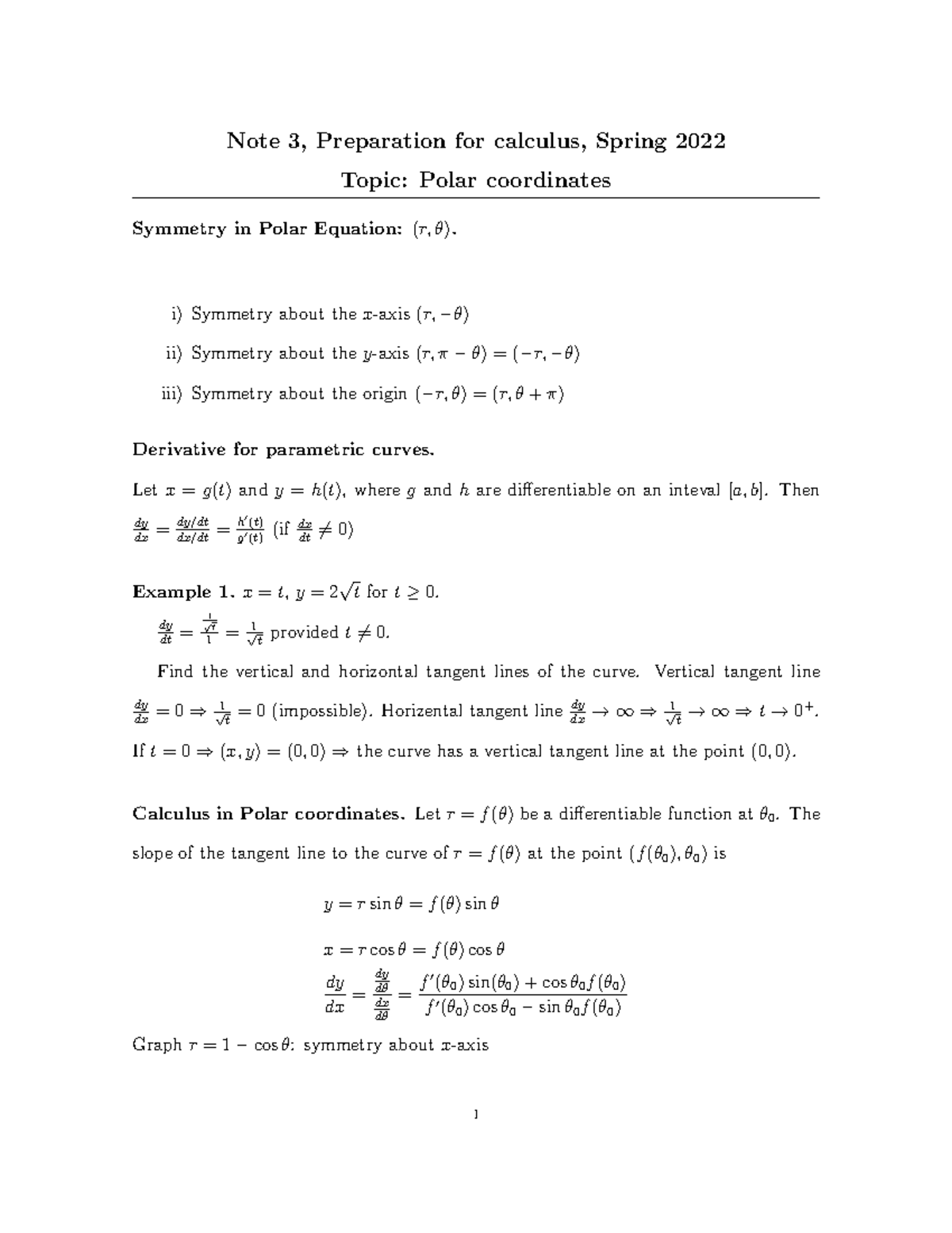 Math1433 - Polar coordinates - Note 3, Preparation for calculus, Spring ...