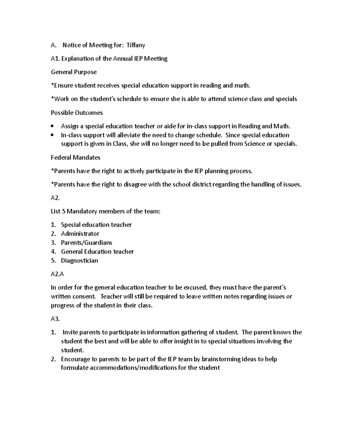 SNT Task 1 C572 - A. Notice of Meeting for: Tiffany A1. Explanation of ...
