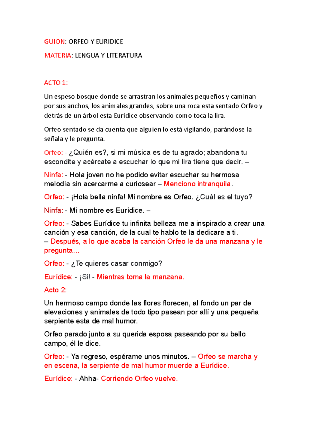 Guion de ORFEO Y EURIDICE - GUION: ORFEO Y EURIDICE MATERIA: LENGUA Y ...