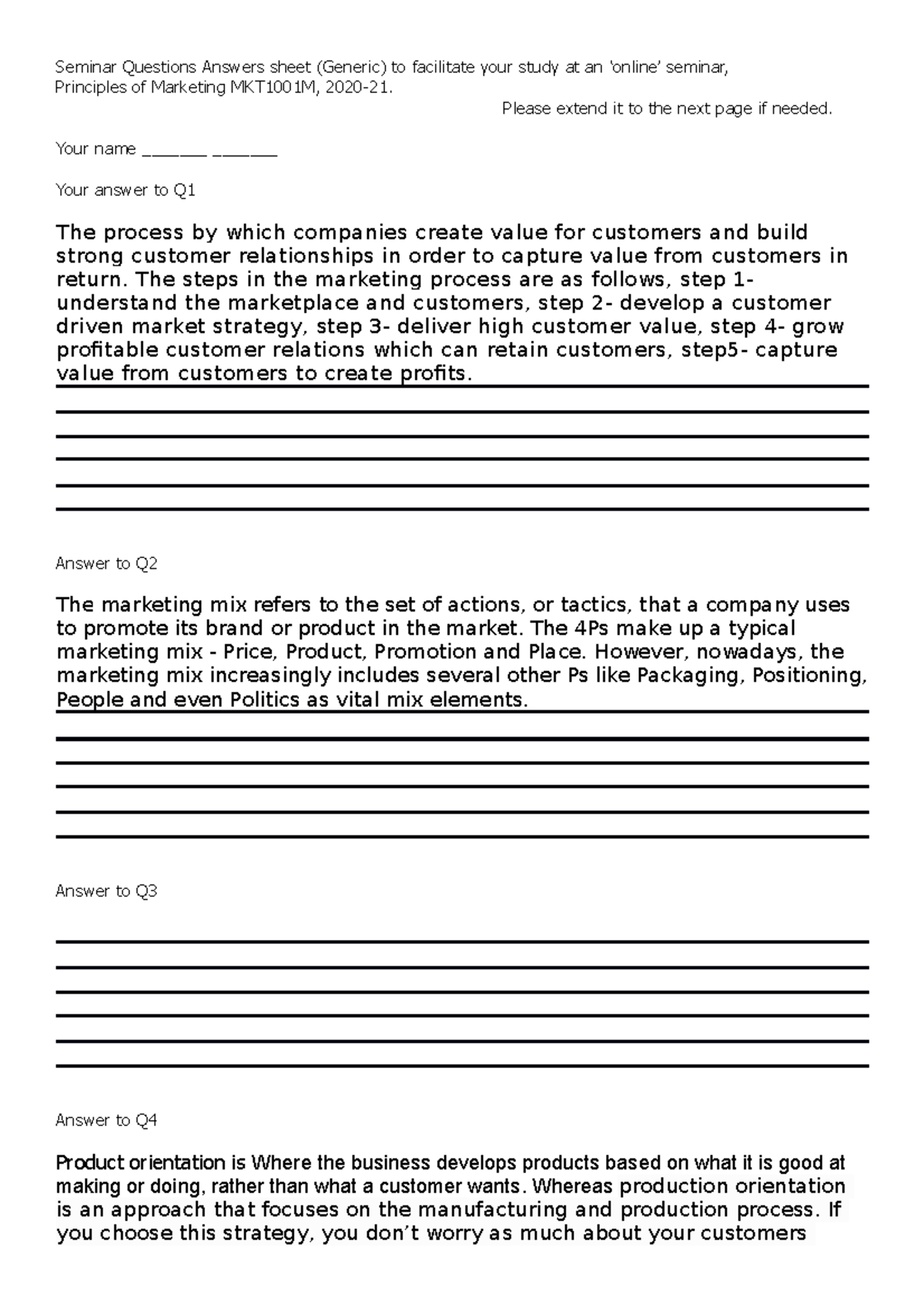 Seminar week 2 answer sheet - Seminar Questions Answers sheet (Generic ...