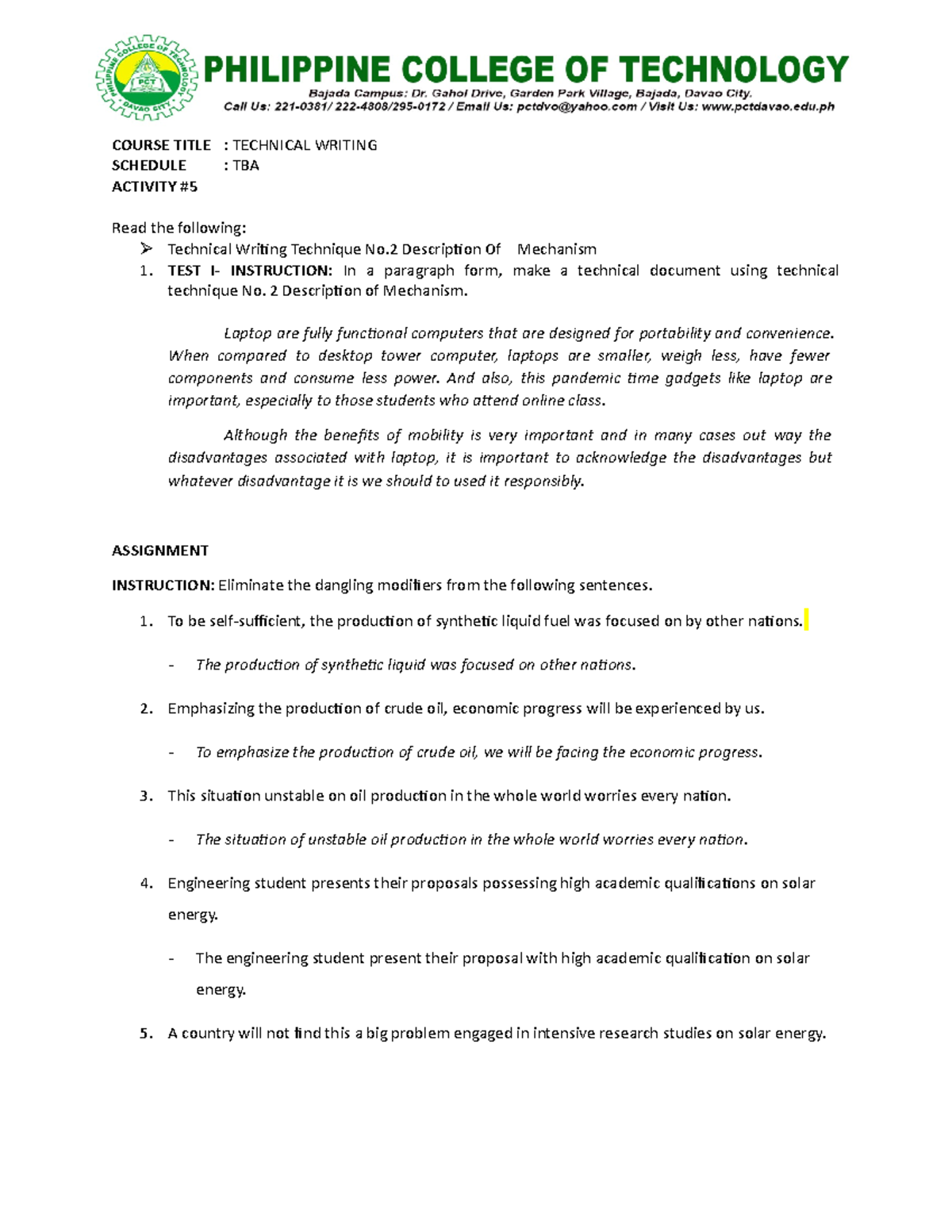 ELT 9 Technical Writing Activity 5 - COURSE TITLE : TECHNICAL WRITING ...