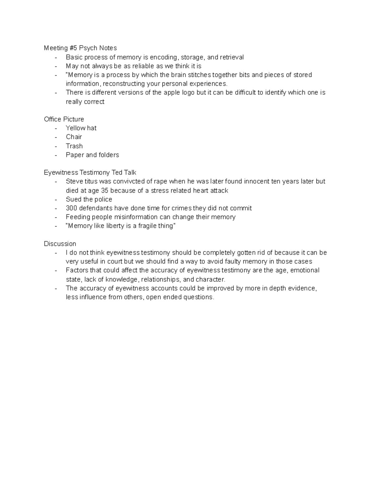 Meeting #5 psych notes - Eyewitness Testimony Ted Talk Basic process of ...