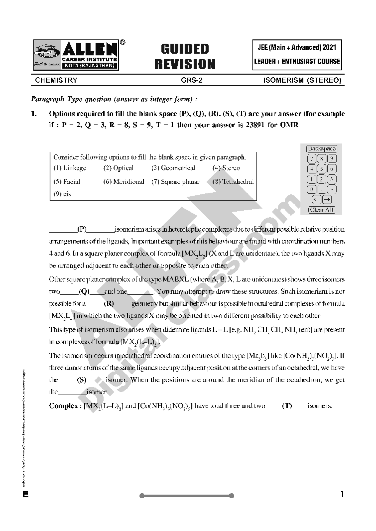 002. Guided Revision Sheet Isomerism( Stereo) - R ALLEN GUIDED JEE ...