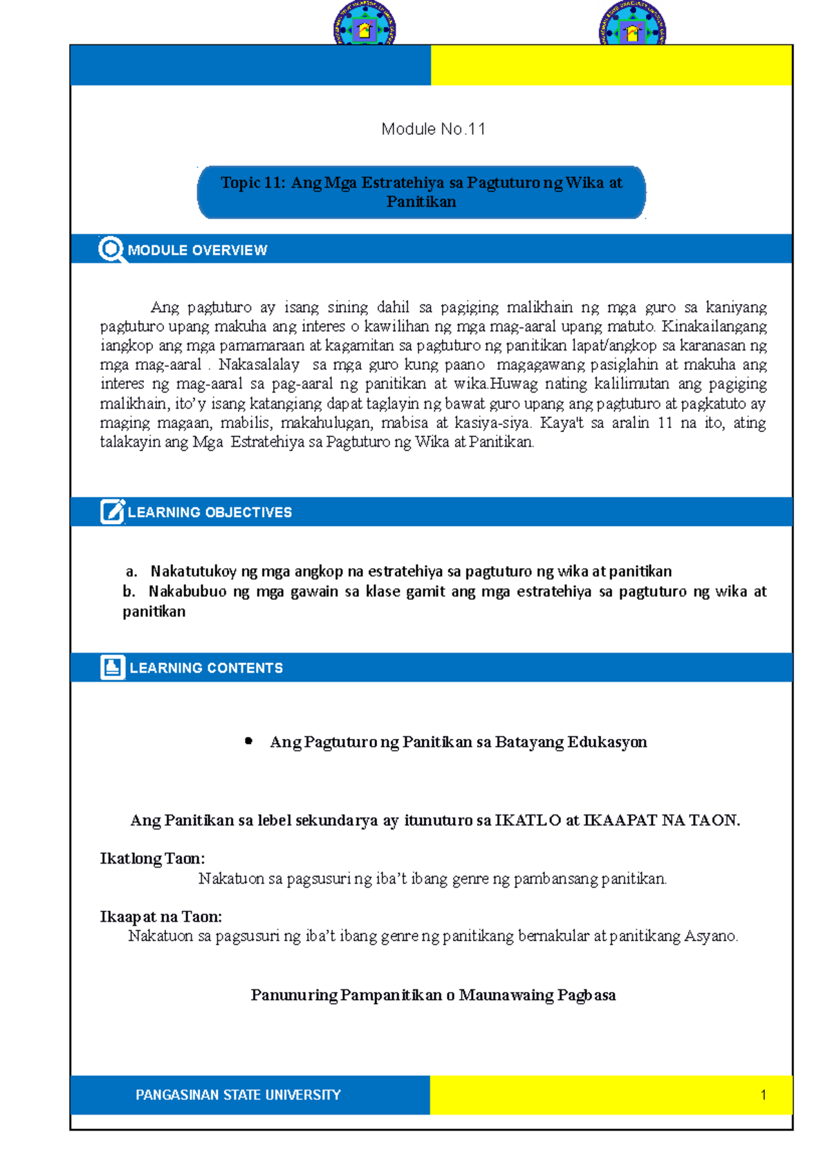SG11 Filipino 103 - Module for learners in Fil 103 - Module No. MODULE ...