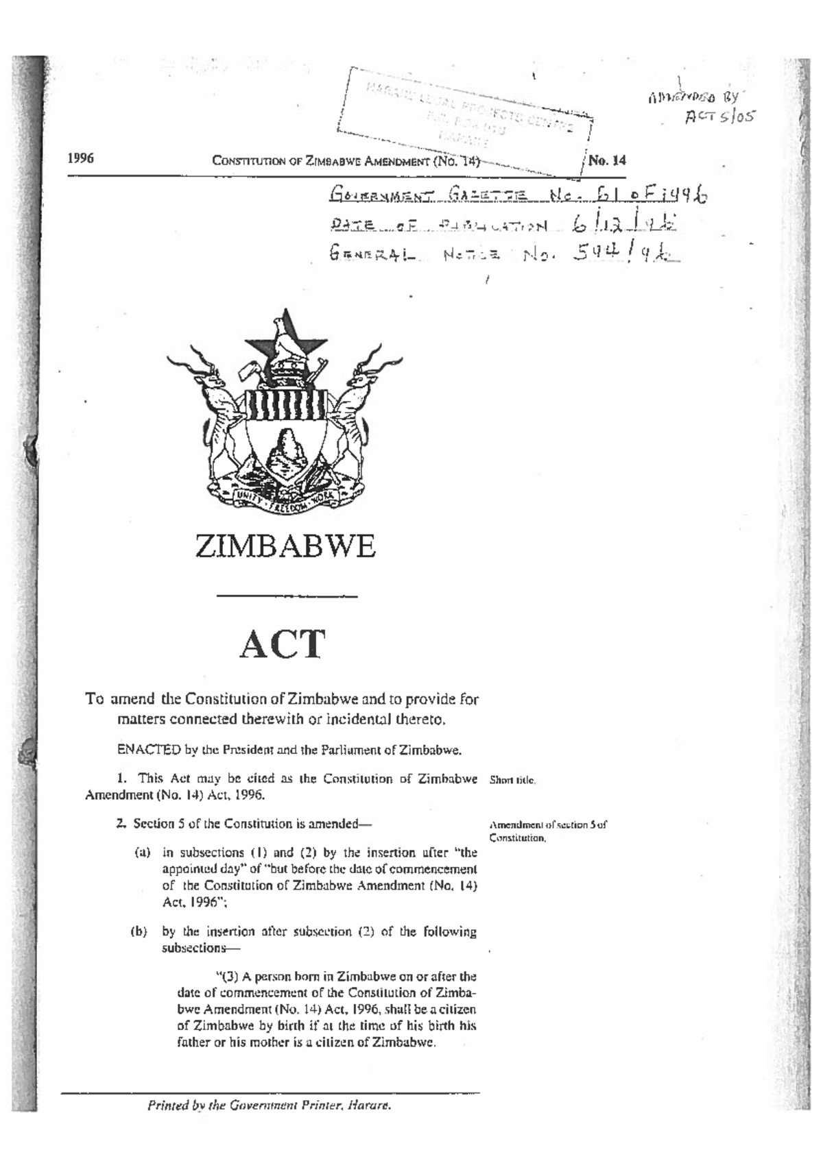 Zimbabwe Constitution Amendment Act 14 1996 - HARANGE USE AMENDED FORD ...