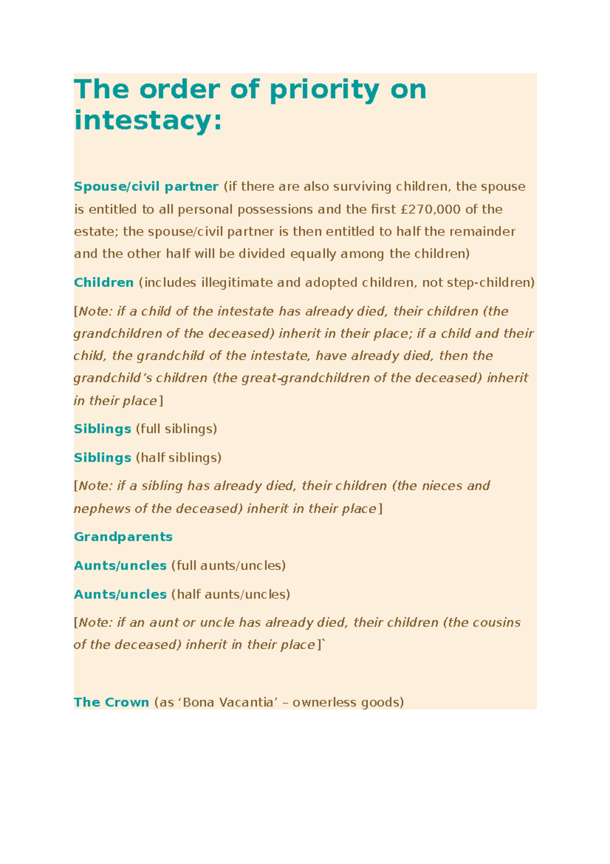 The order of priority on intestacy - The order of priority on intestacy ...