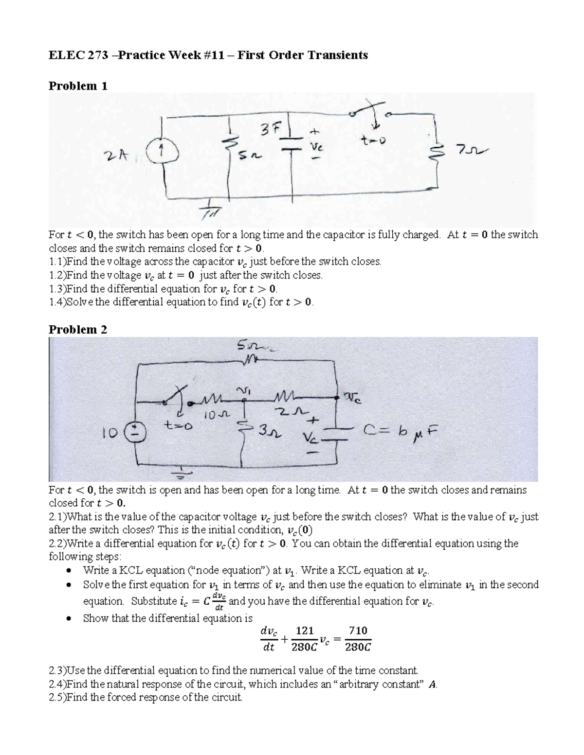 P11 - electrical problems for basic understanding - ELEC 273 –Practice Week #11 – First Order ...