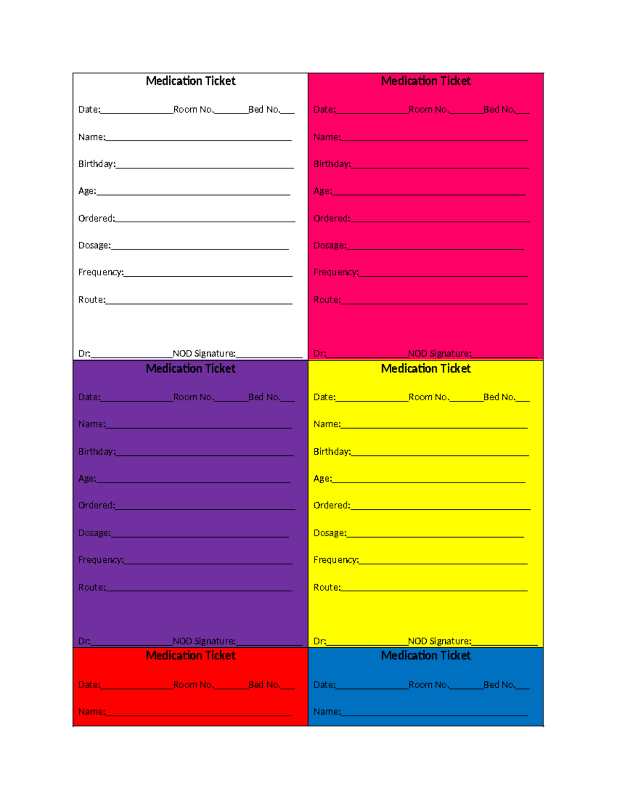 Medication Ticket - Medication Ticket Date: Room No. Bed No. Name ...