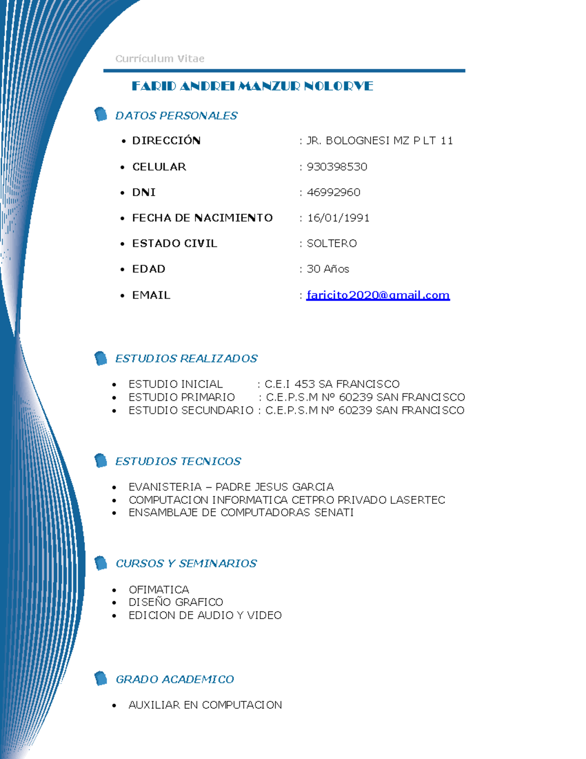 Curriculumfarid cv - hgdgh gr - Currículum Vitae FARID ANDREI MANZUR ...