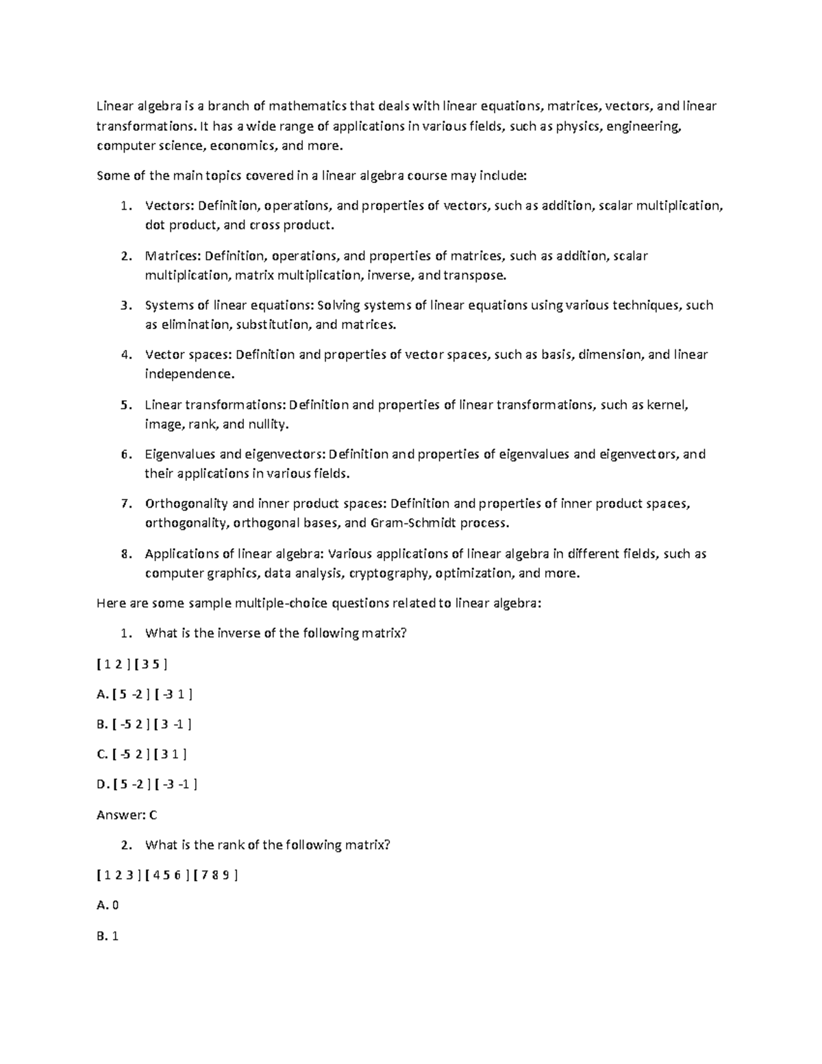 Linear algebra - It has a wide range of applications in various fields ...