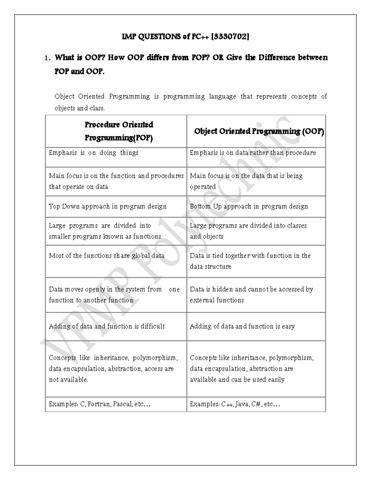 Computer network - IMP QUESTIONS of PC++ [ 3330702 ] 1. What is OOP ...