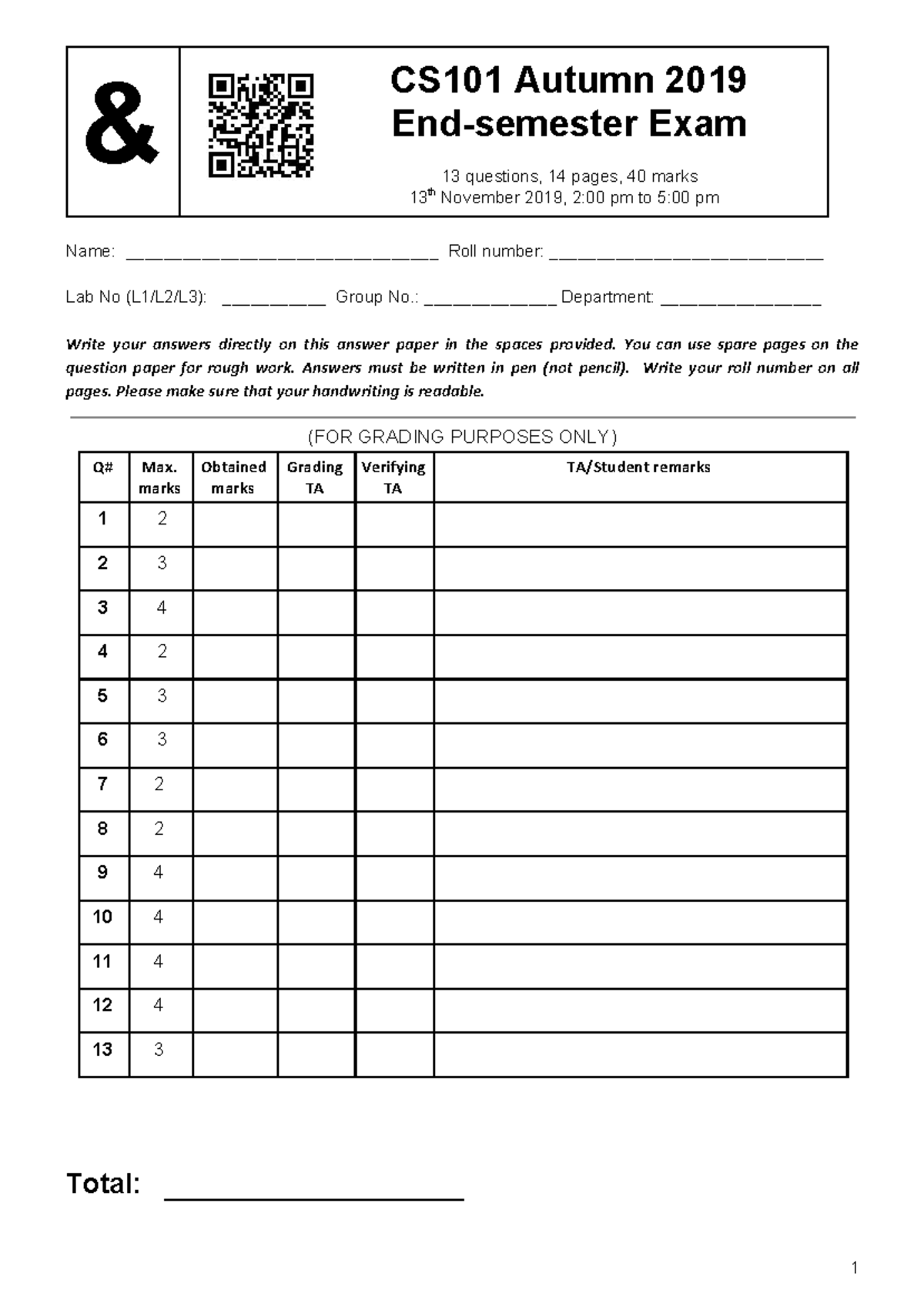 2019 Autumn Endsem Paper - & CS101 Autumn 2019 End-semester Exam 13 ...