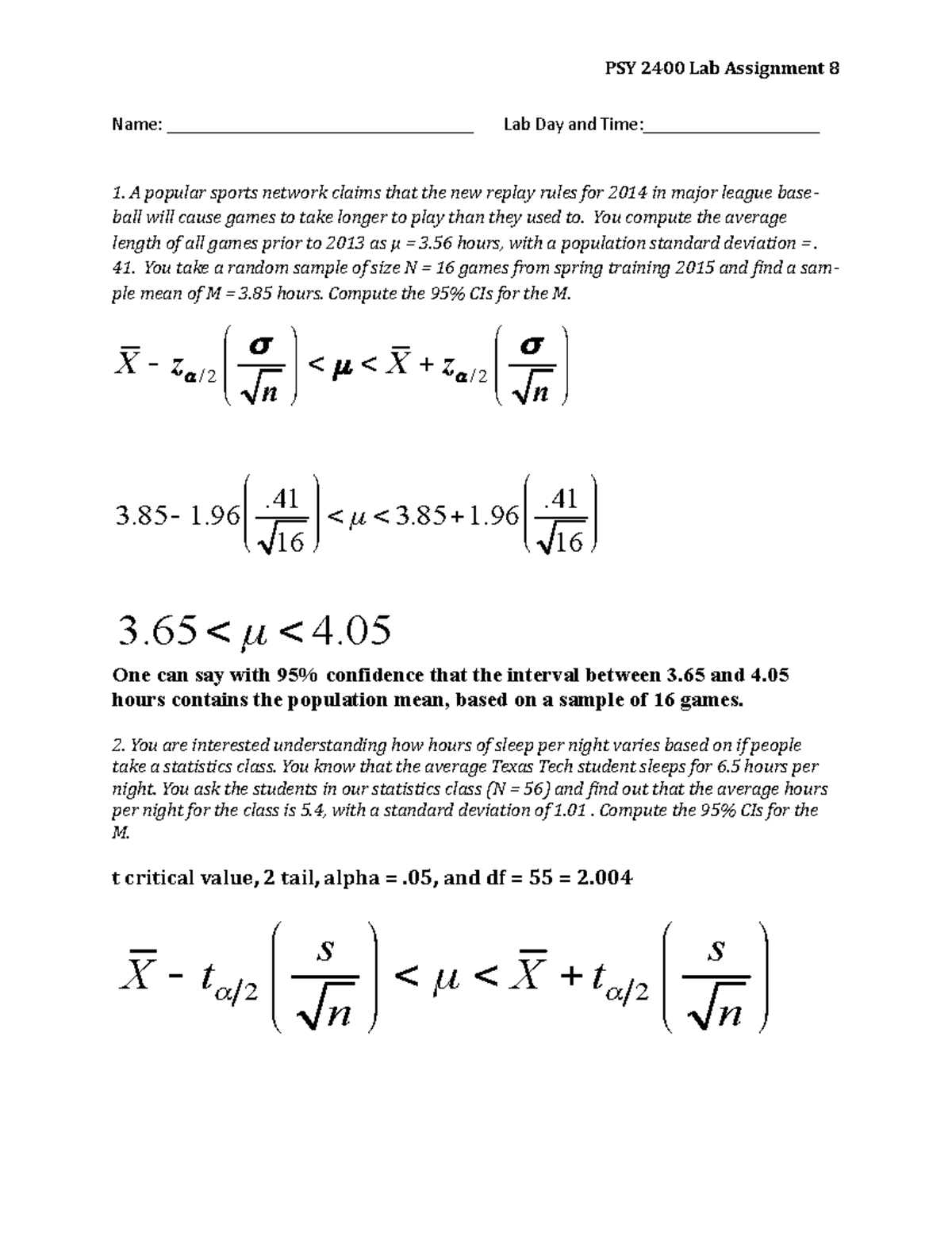 Effect Size and Power Assignment 9 lab answers - Name: _________________________________ Lab Day ...