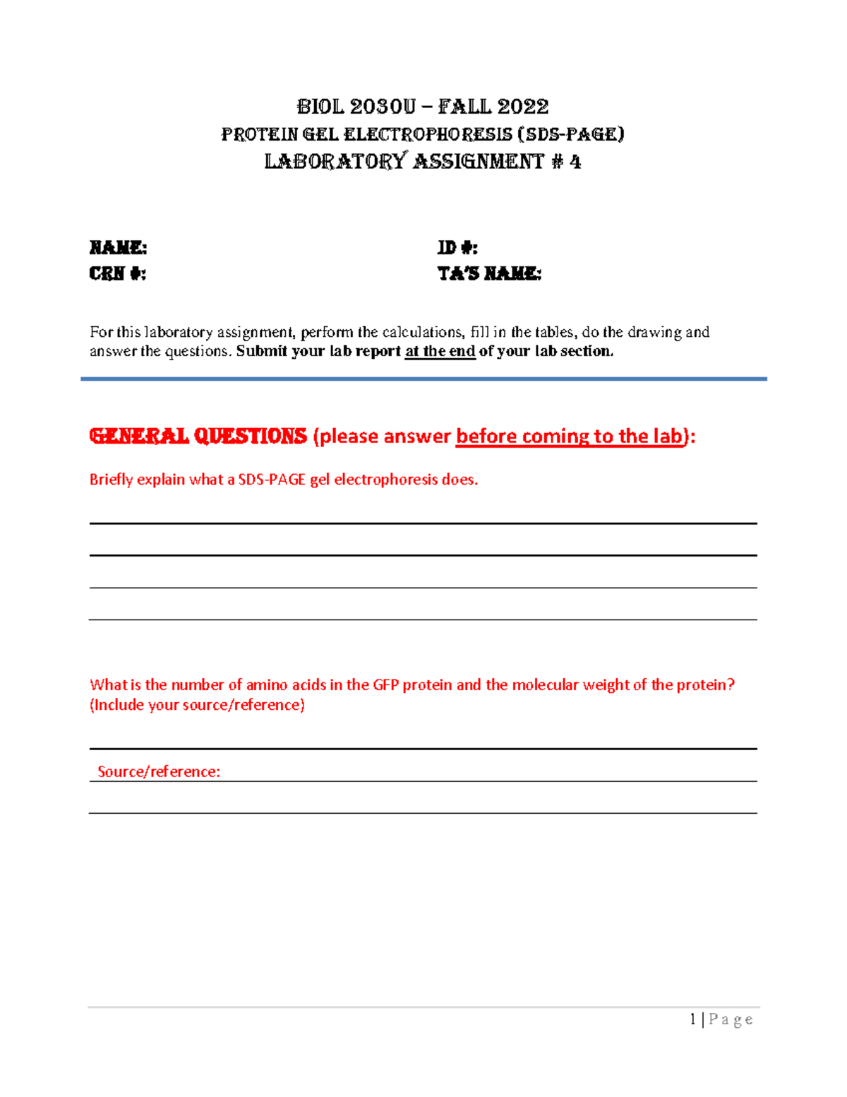 Biol2030 Lab 4 Lab Assignment Fall 2022 Biol 2030u Fall 20 22 Protein Gel
