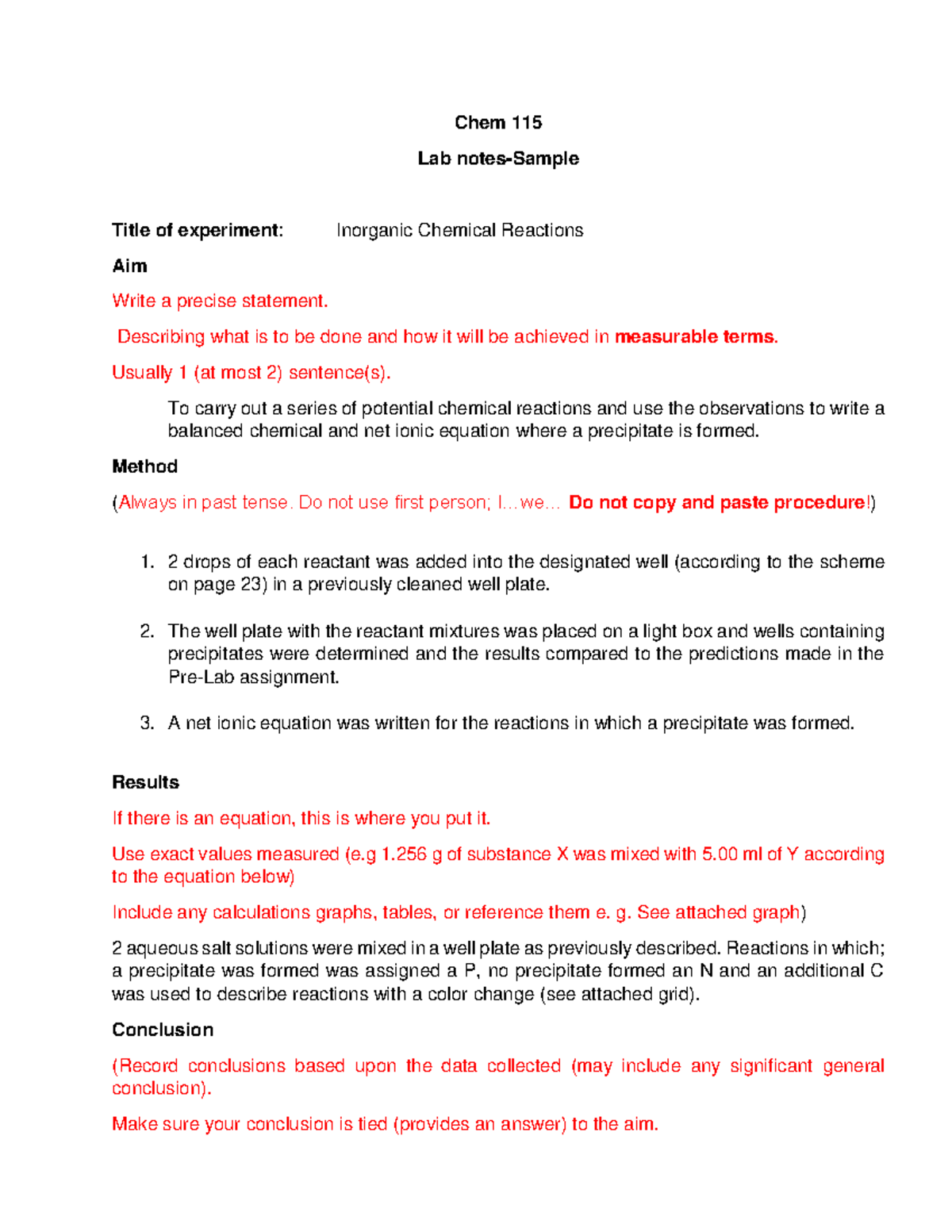 Lab report- sample - Chem 115 Lab notes-Sample Title of experiment ...