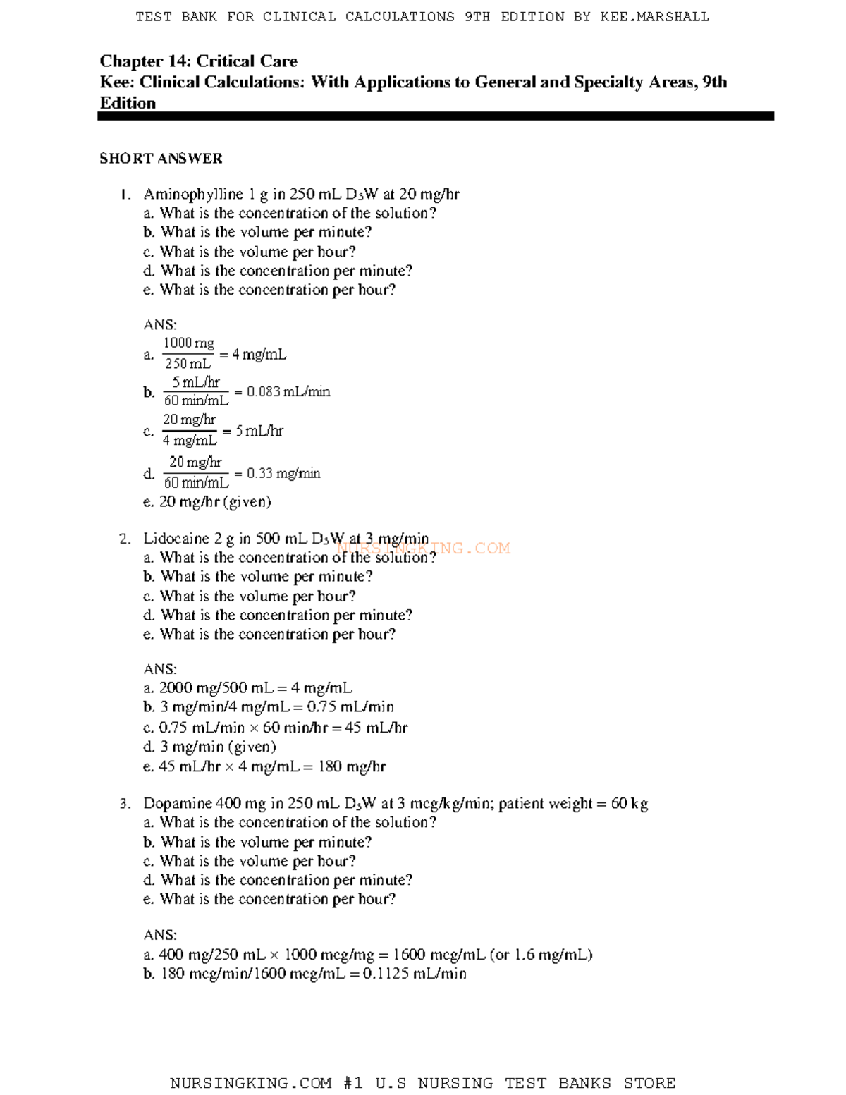clinical calculation - NURSINGKING Chapter 14: Critical Care Kee ...