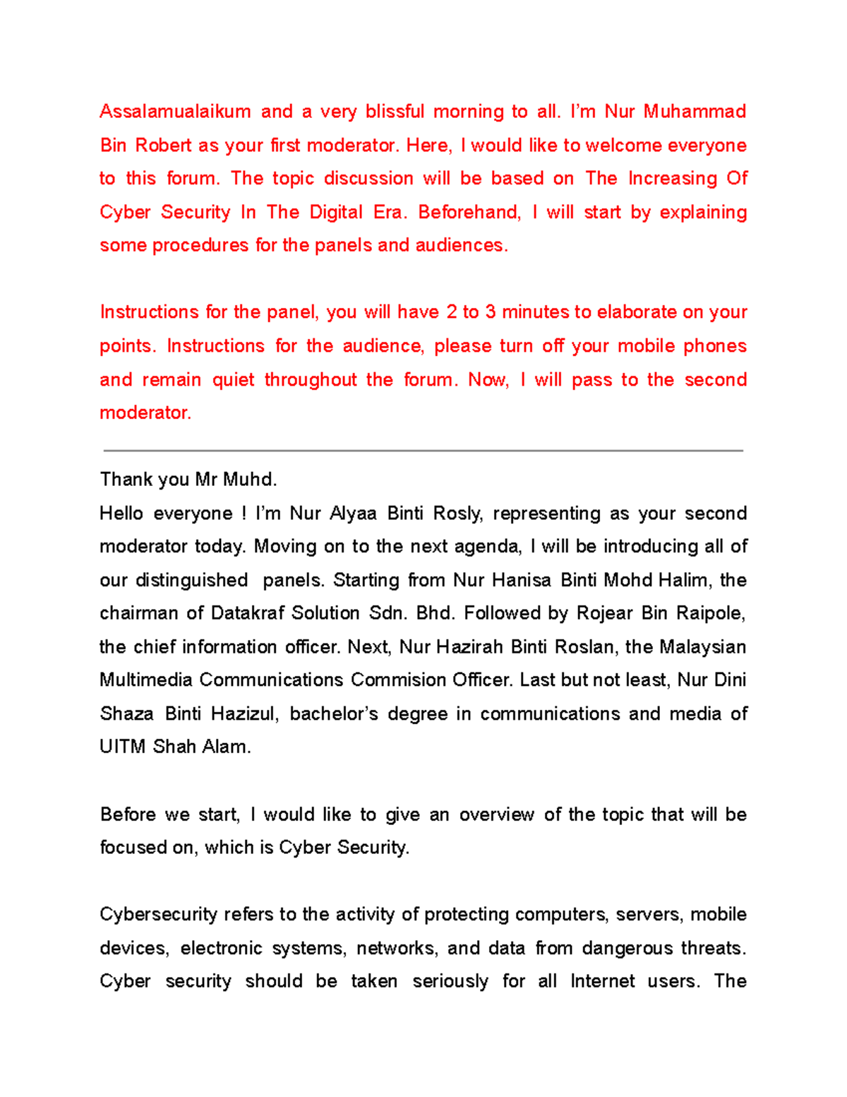 Script FOR Moderator - hope this assignment will help you to get a good ...