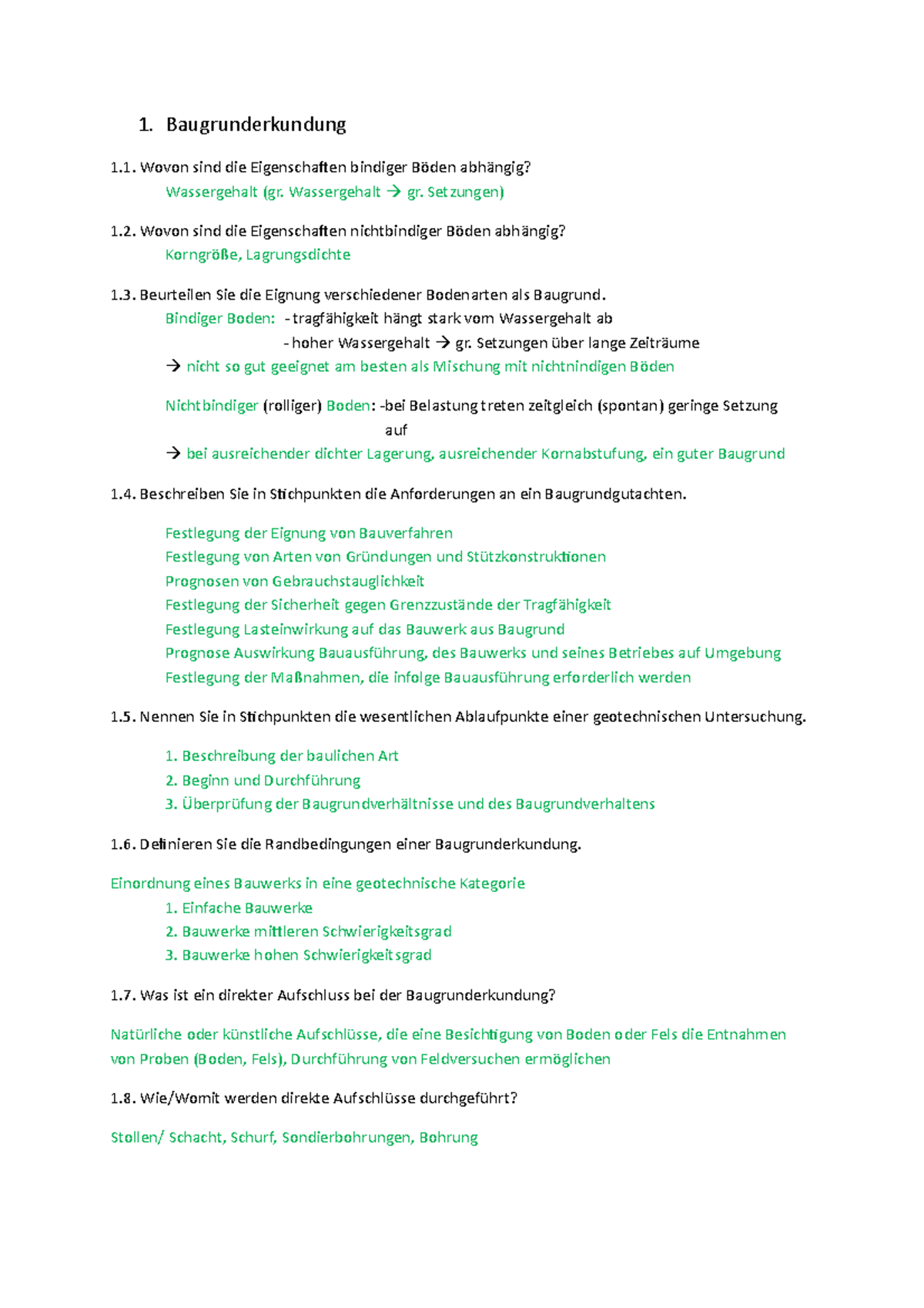 Fragenkatalog - GEOT-1 - Geotechnik 1 - 1. Baugrunderkundung Wovon sind ...