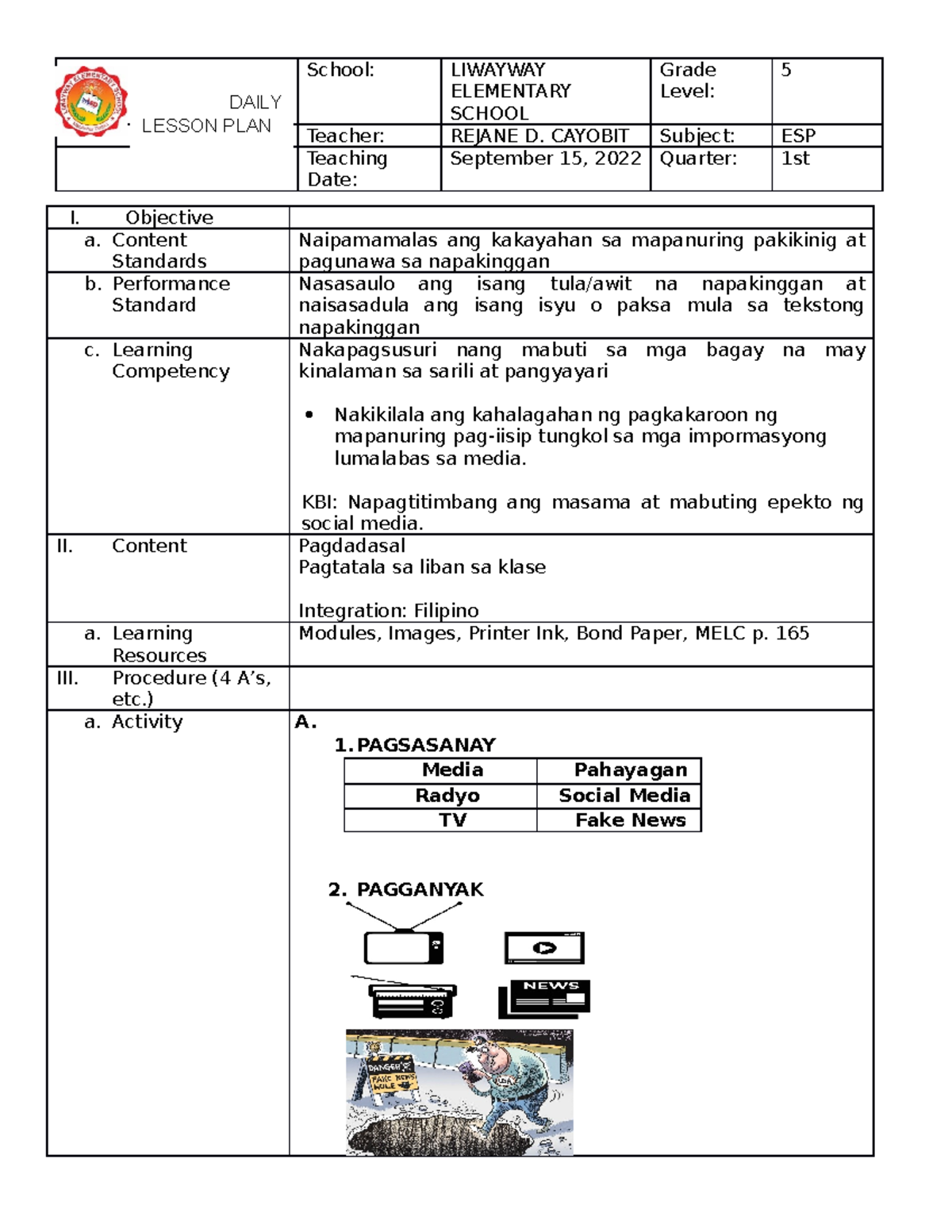 LP ESP Grade 6 - Week 1- Module 1 - School: LIWAYWAY ELEMENTARY SCHOOL ...