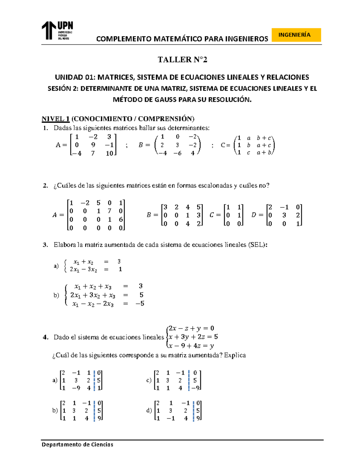 Taller de Teoría Semana 02 - COMPLEMENTO MATEM¡TICO PARA INGENIEROS TALLER N° UNIDAD 01 ...