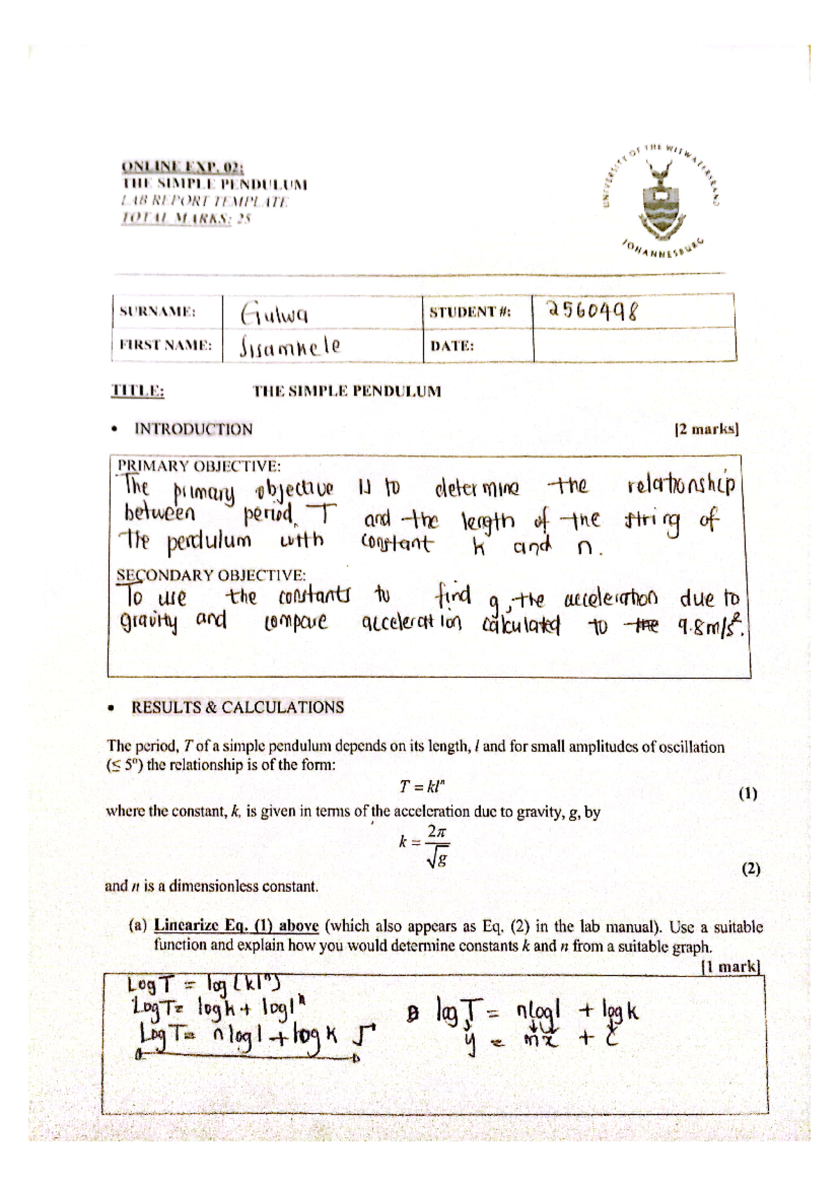 Simple pendulum 1 - Useful - of THE ONLINE EXP. 02: THE SIMPLE PENDULUM ...