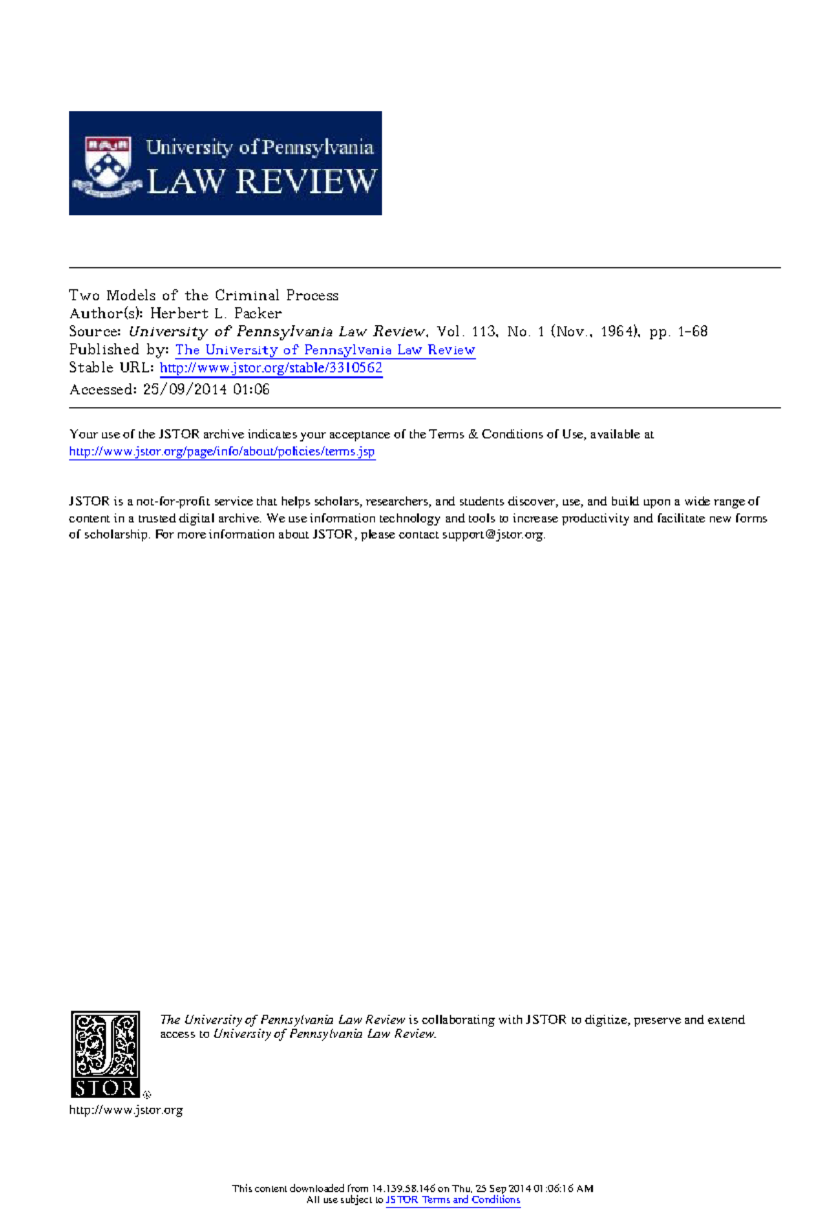 Herbert Packer - crpc - Two Models of the Criminal Process Author(s ...