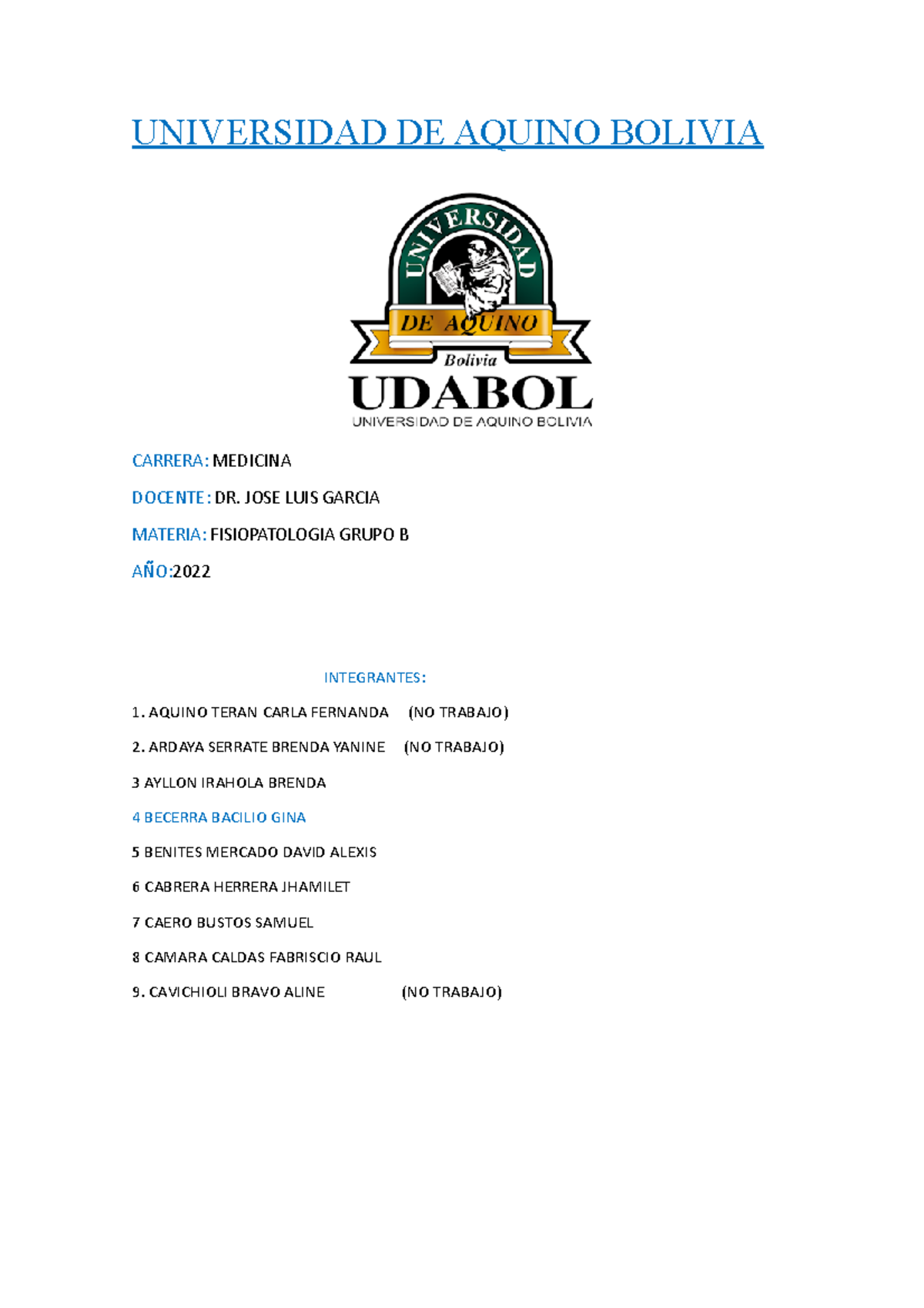 CASO Clinico # 3 - UNIVERSIDAD DE AQUINO BOLIVIA CARRERA: MEDICINA ...