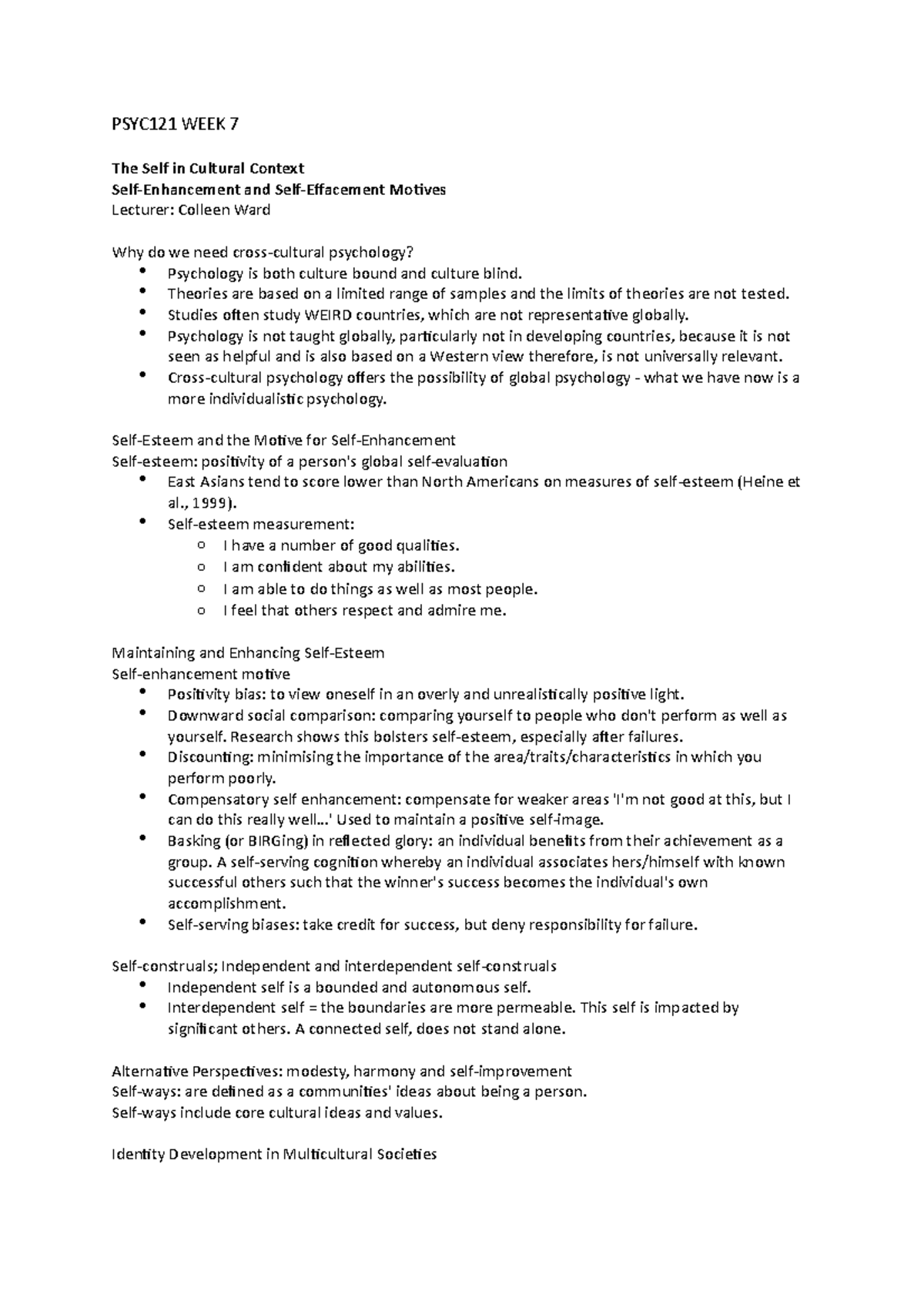 PSYC121 Lecture Notes Week 7 - PSYC121 WEEK 7 The Self in Cultural ...