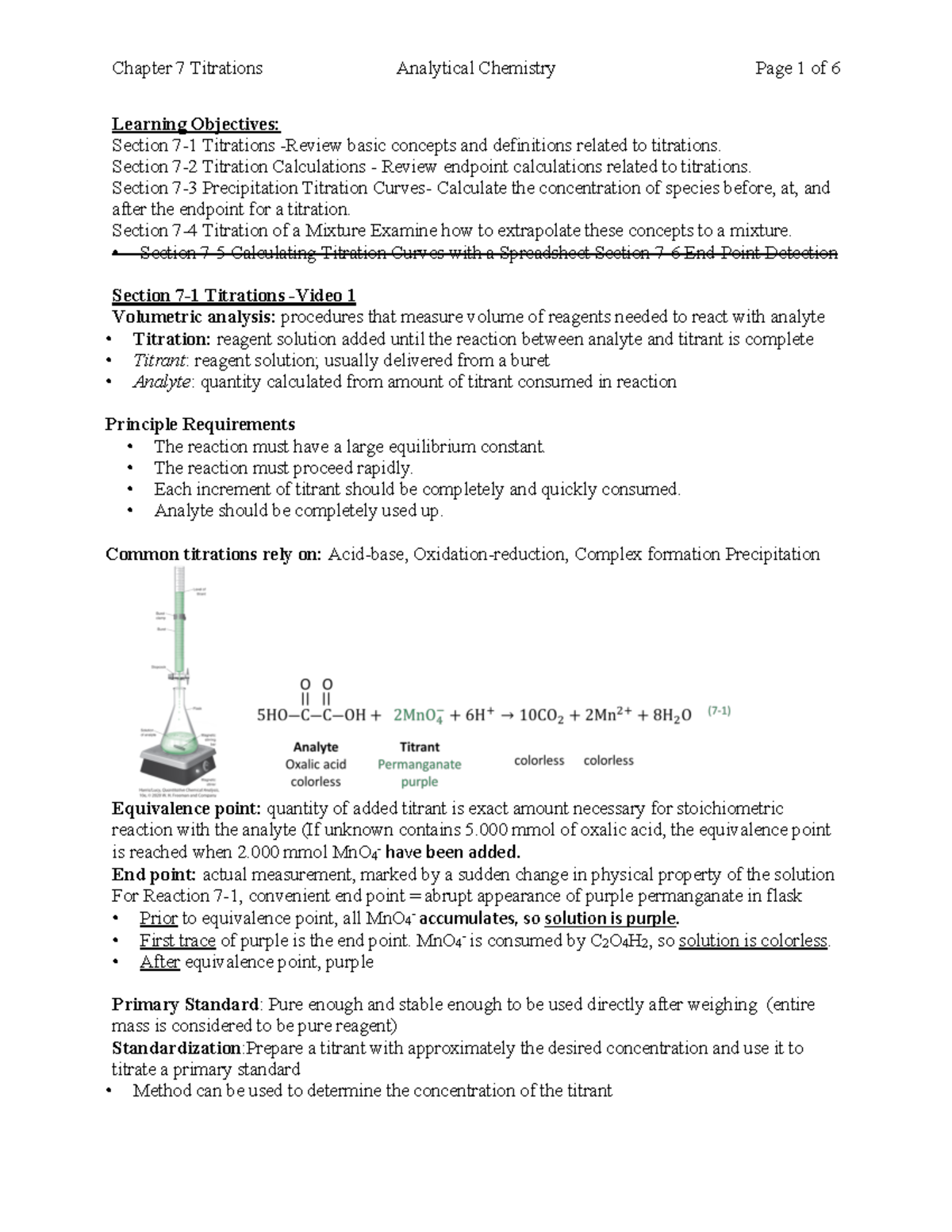 Chapter 7 in class notes - Learning Objectives: Section 7-1 Titrations ...