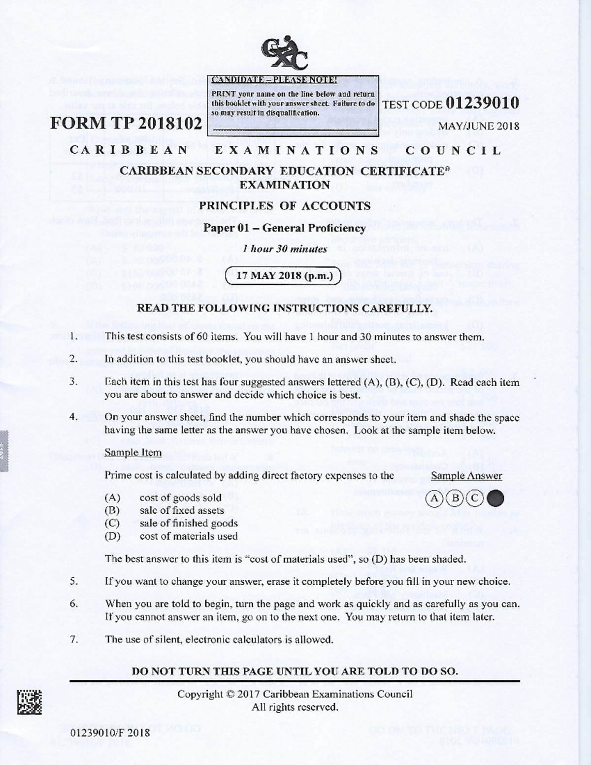 CSEC Principles of Accounts P1 2018 - Studocu