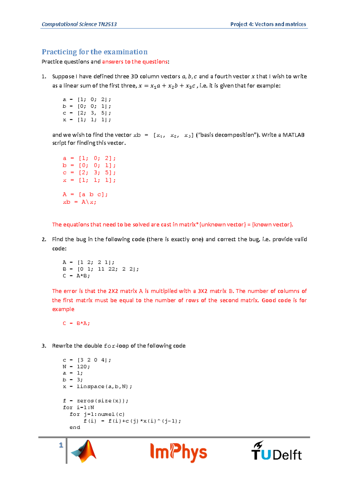 Project Vectors and Matrices Examination Questions - Computational ...
