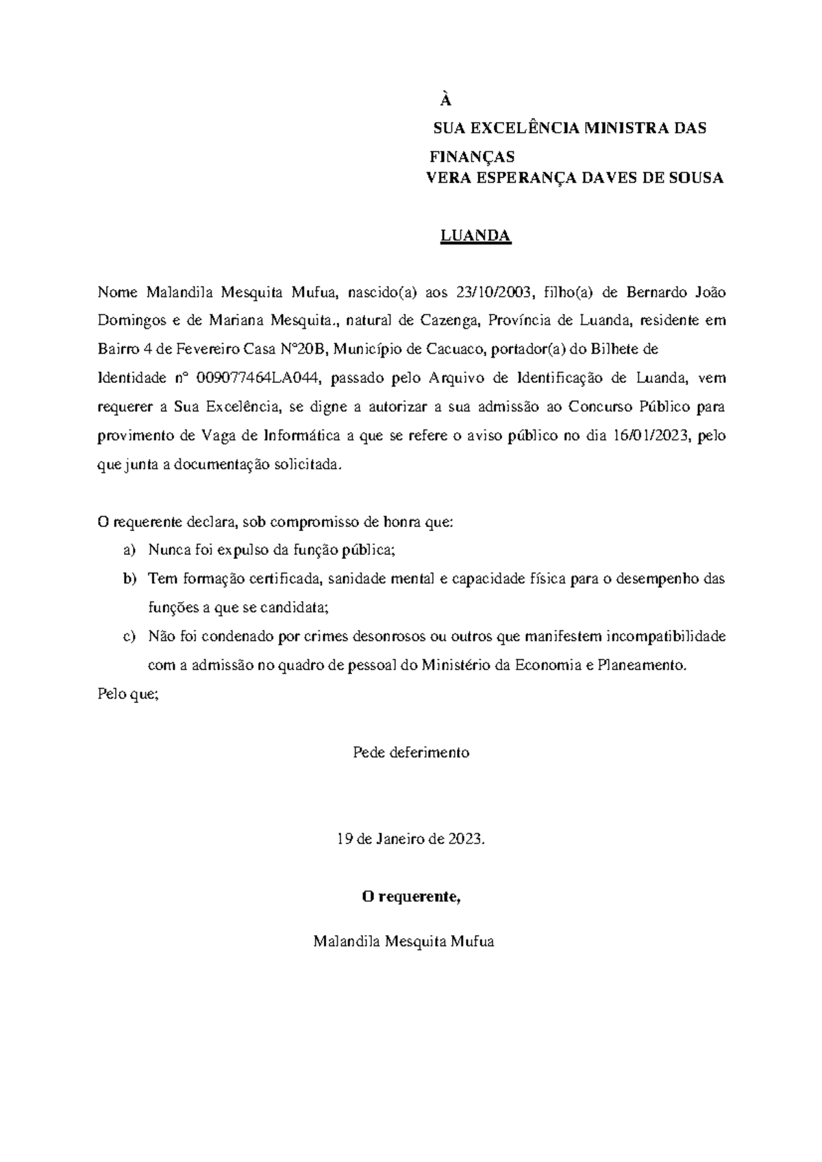 Requerimento - sdadad - À SUA EXCELÊNCIA MINISTRA DAS FINANÇAS VERA ...