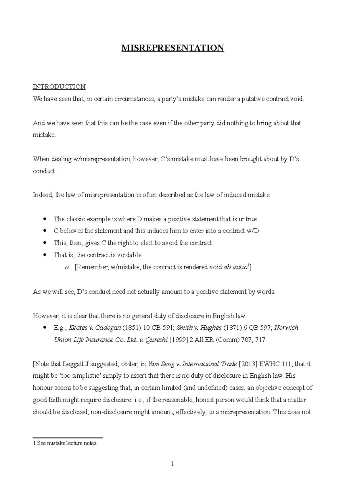 5 - Misrepresentation - Lecture notes 5 - LAW-4006B - UEA - Studocu