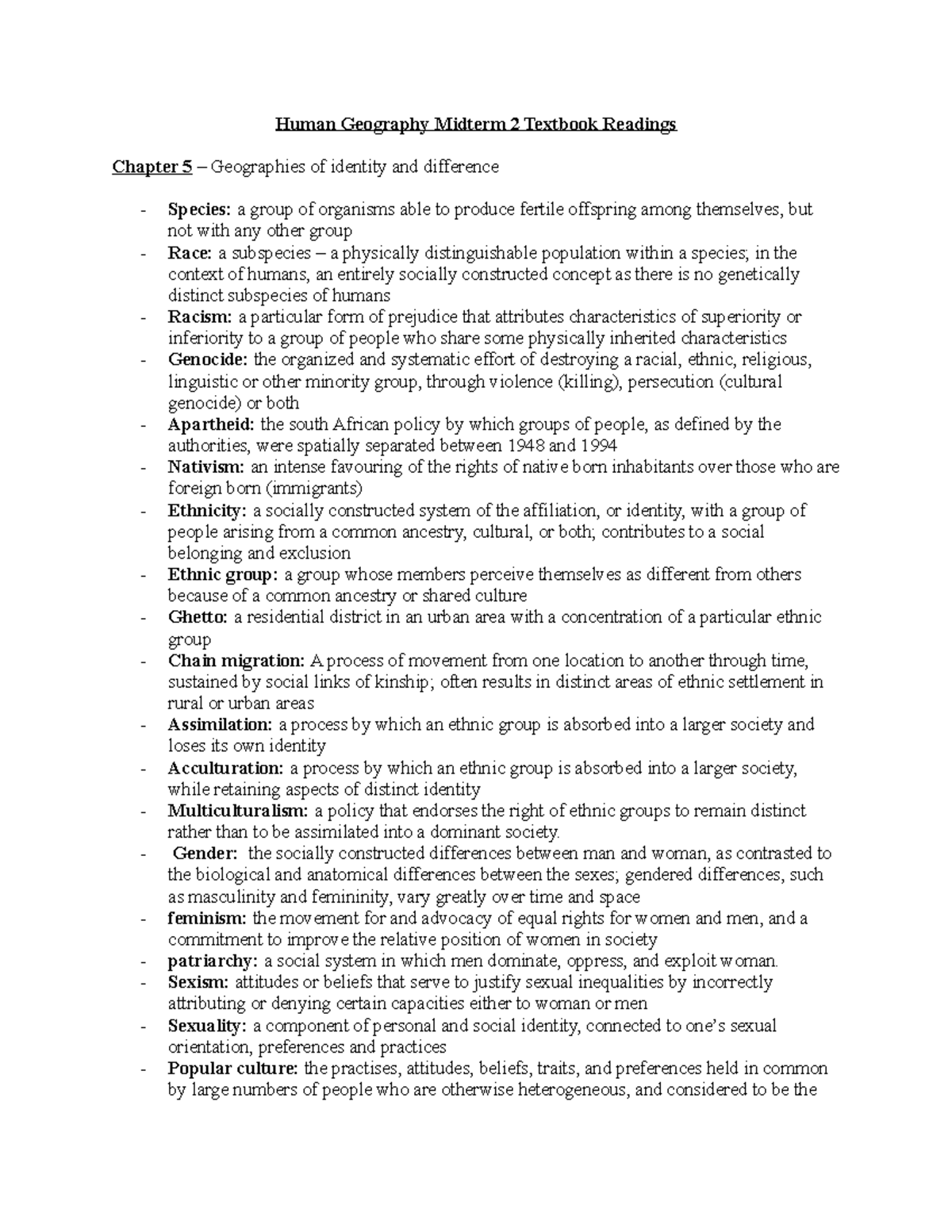 Human Geography Midterm 2 Textbook Readings - Human Geography Midterm 2 ...