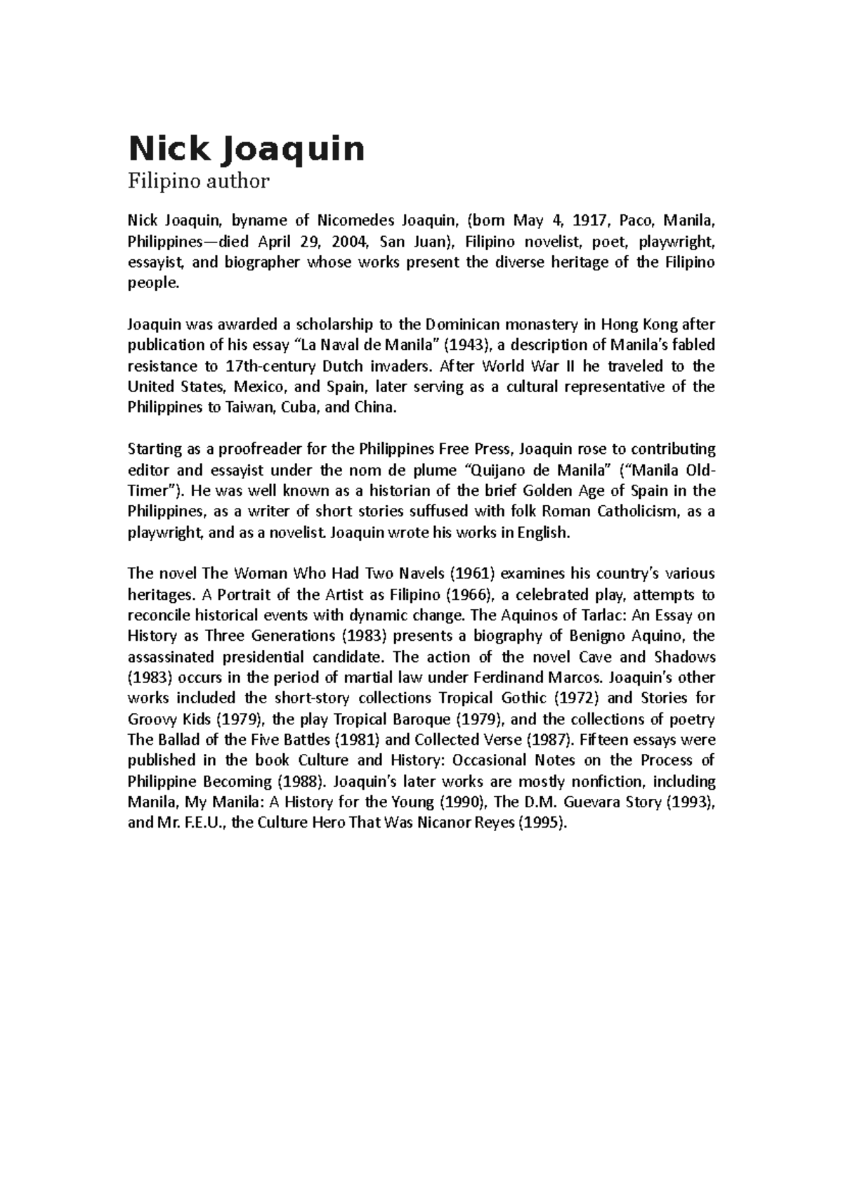Nick Joaquin - Nick Joaquin Filipino author Nick Joaquin, byname of ...