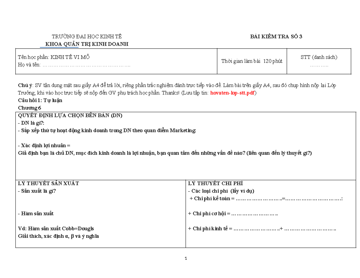 Ktravimo-so3 - special - TRƯỜNG ĐẠI HỌC KINH TẾ KHOA QUẢN TRỊ KINH DOANH BÀI KIỂM TRA SỐ 3 Tên ...
