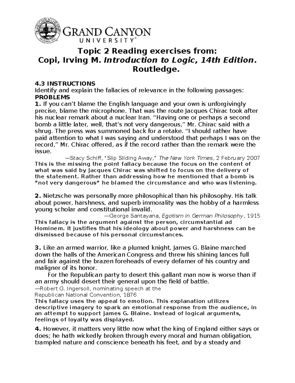 T2 Reading Exercise - Topic 2 Reading exercises from: Copi, Irving M. Introduction to Logic ...