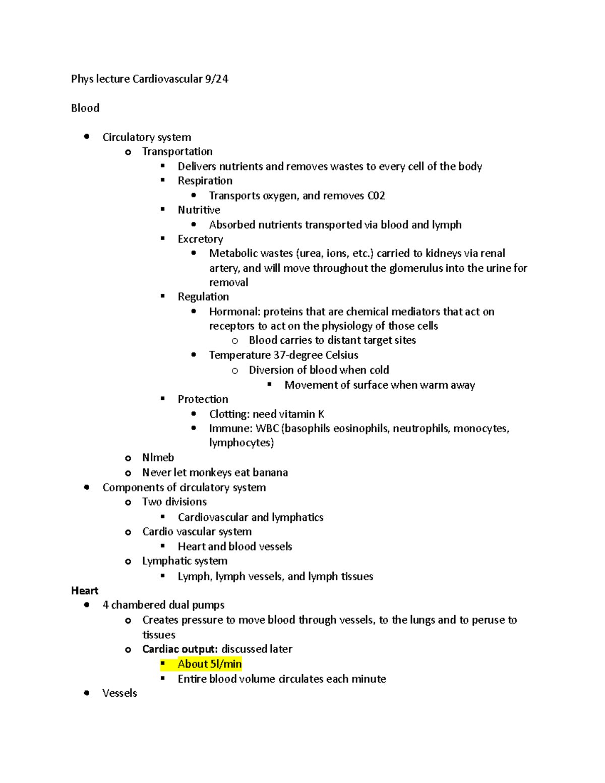 Phys lecture Cardio 9 - Phys lecture Cardiovascular 9/24 Blood ...