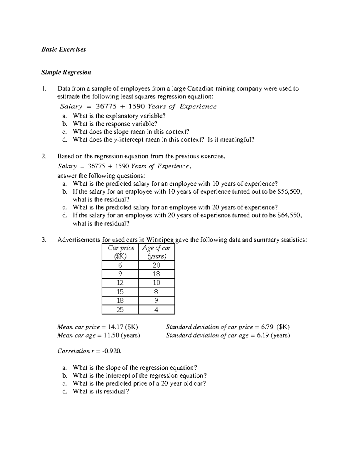 Sample Questions Regressions - Basic Exercises Simple Regresion Data ...