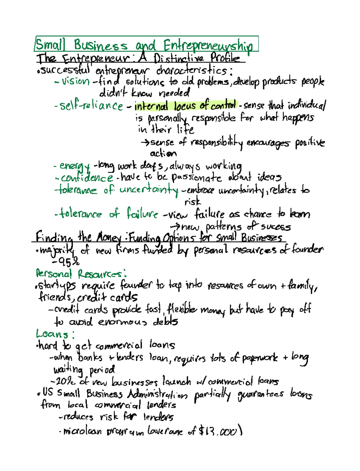 Chapter 7 notes - Small Business and Entrepreneurship The Entrepreneur ...