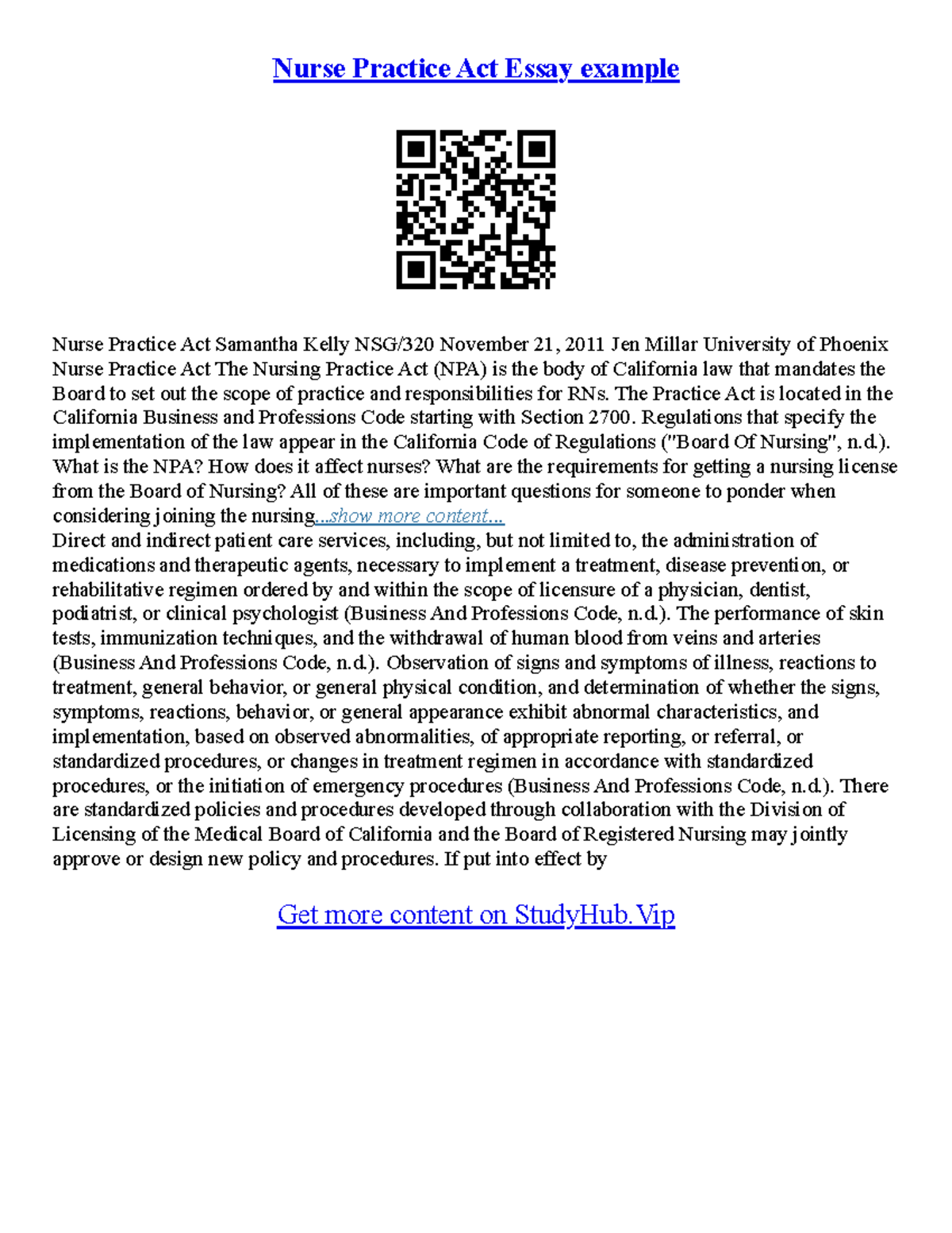 Act Sample Essay - Nurse Practice Act Essay example Nurse Practice Act ...
