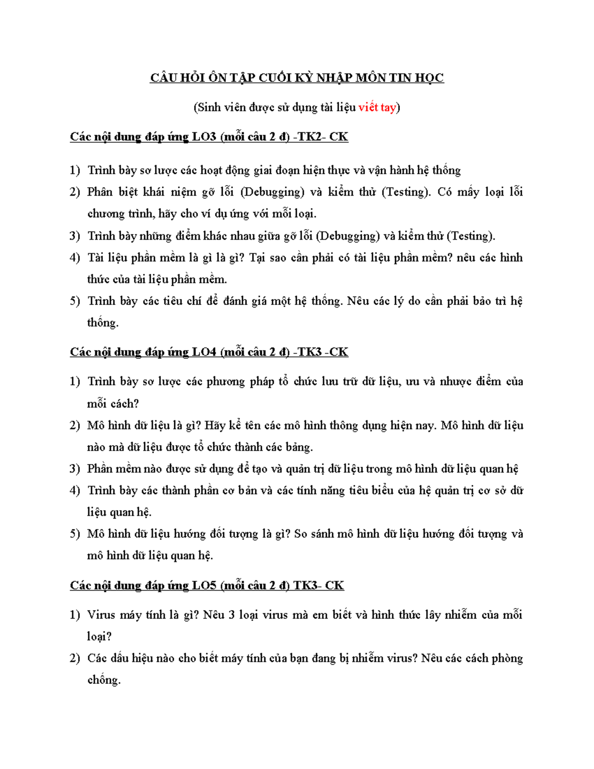 2022 On Tap CK NMTH Gui Sv - CÂU HỎI ÔN TẬP CUỐI KỲ NHẬP MÔN TIN HỌC (Sinh viên được sử dụng tài ...